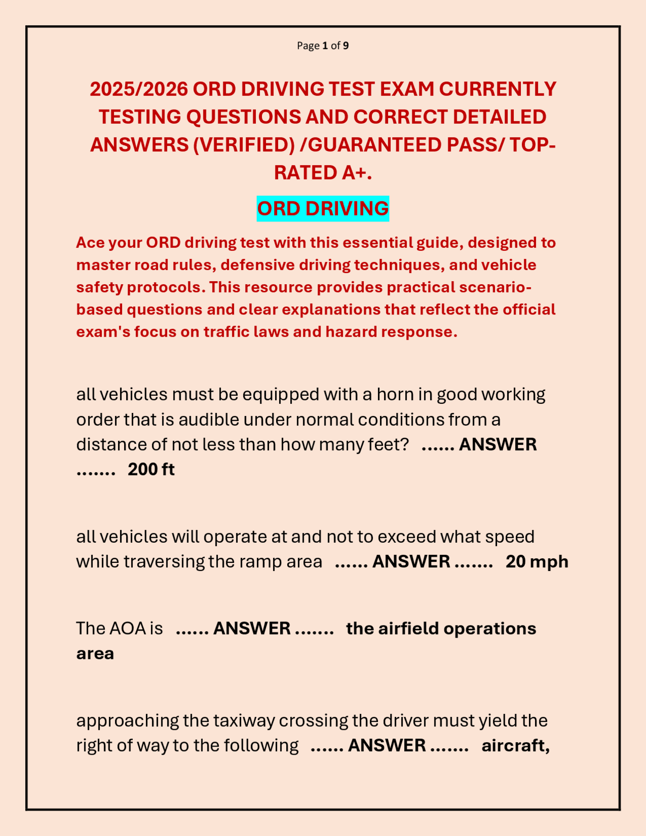 2025/2026 ORD DRIVING TEST EXAM QUESTION AND ANSWER | Exams Motor ...