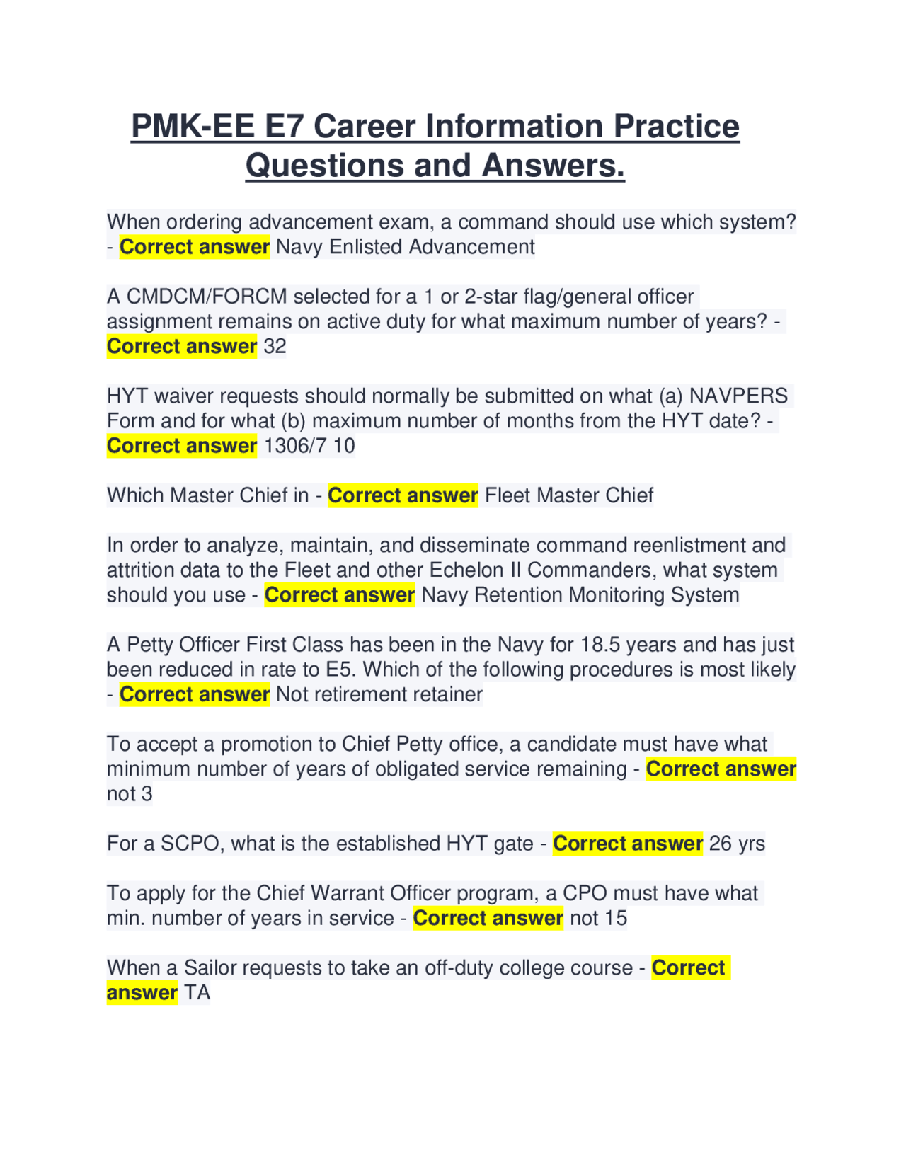 PMK-EE E7 Career Information Practice Questions and Answers | Exams ...