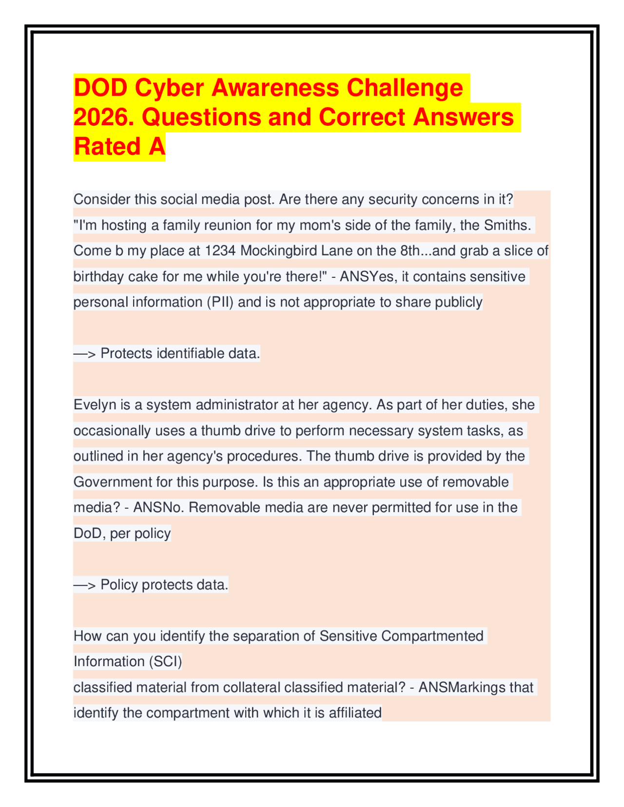 DOD Cyber Awareness Challenge 2026. Questions and Answers Rated A ...