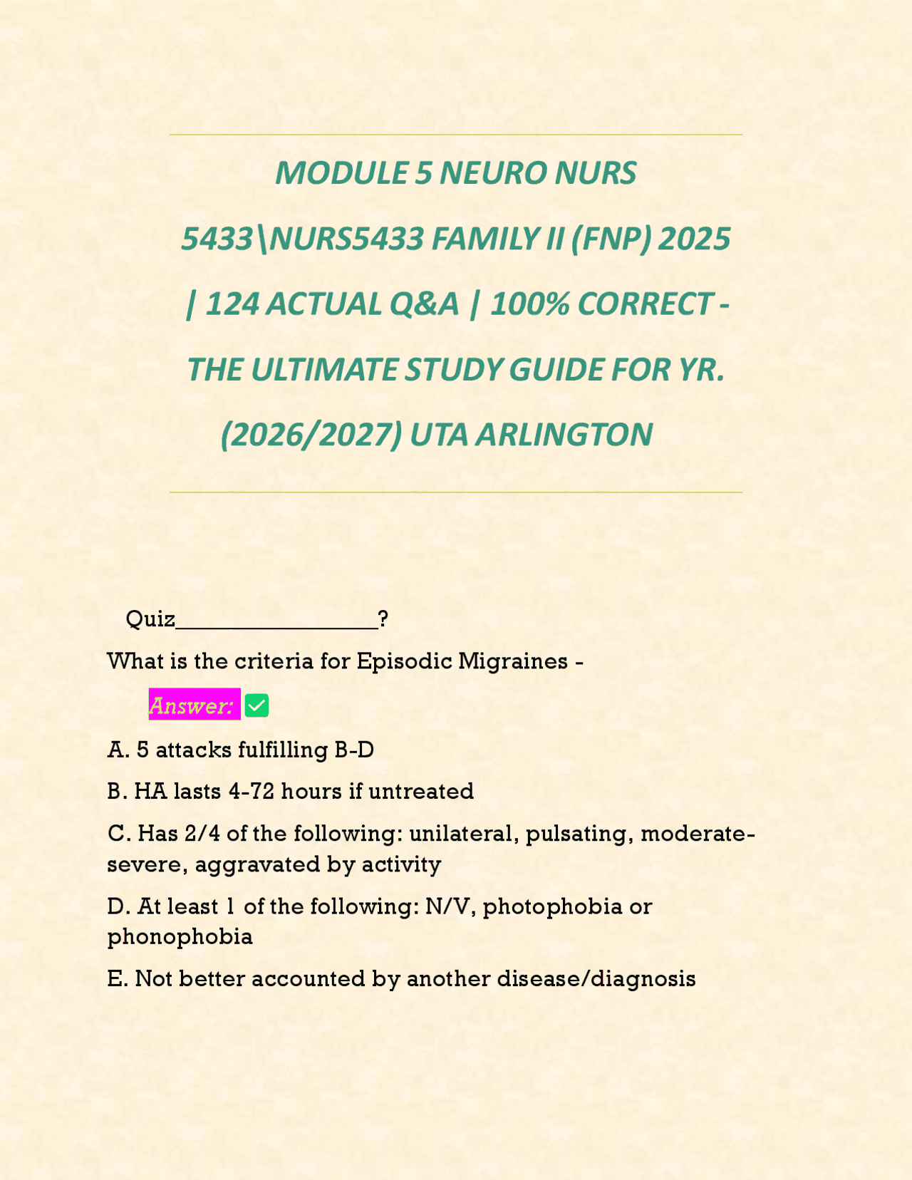 MODULE 5 NEURO NURS 5433\NURS5433 FAMILY II (FNP) 2025 | 124 ACTUAL Q&A ...