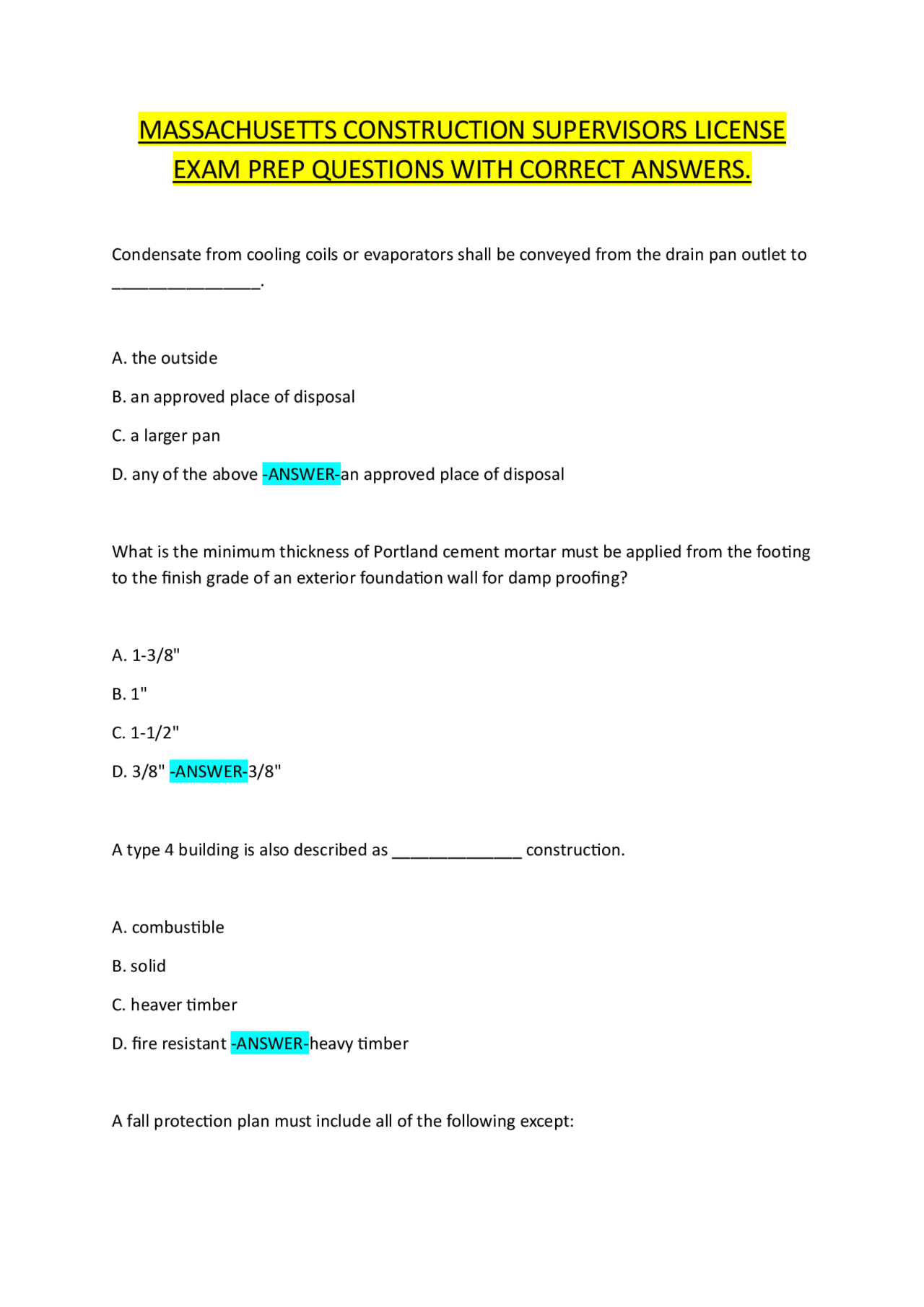 Massachusetts Construction Supervisors License Exam Prep Questions ...