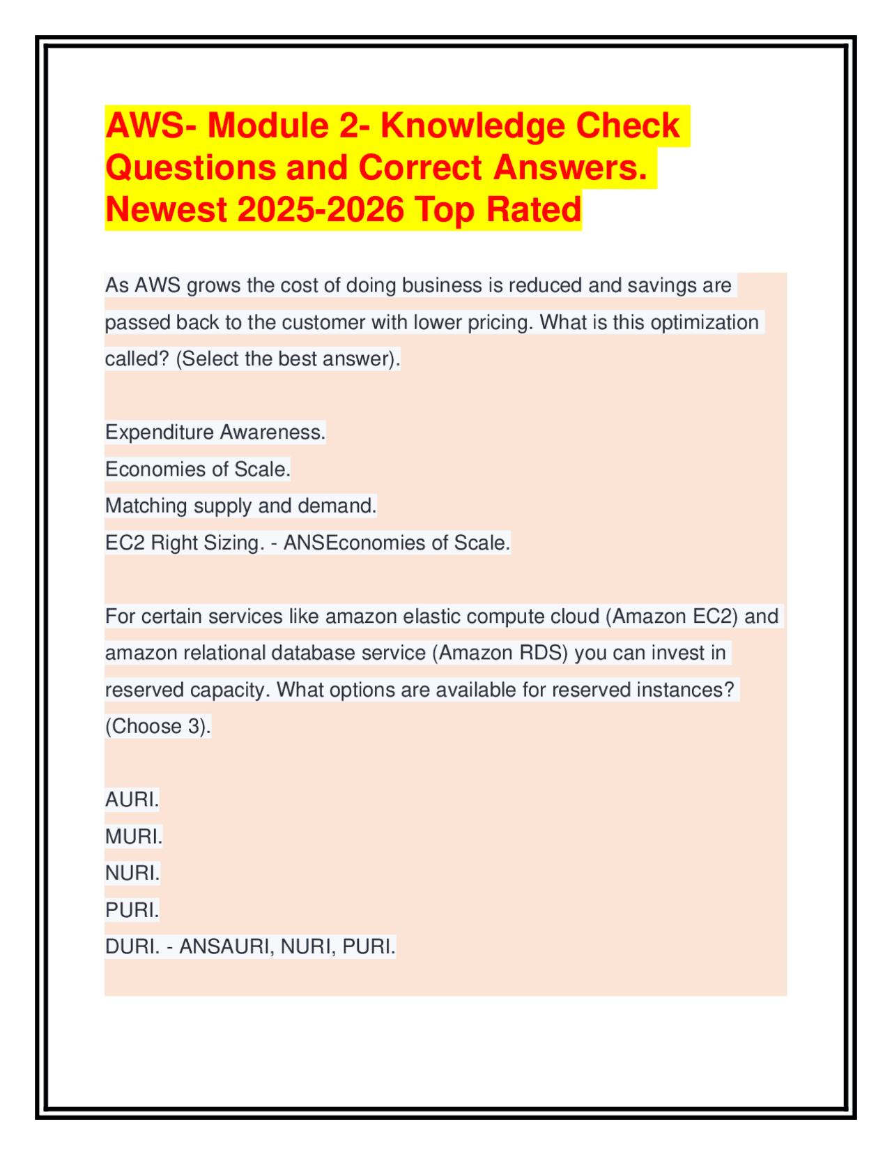 AWS- Module 2- Knowledge Check Questions & Answers. 2025-2026 Rated A | Exams Computer Security ...