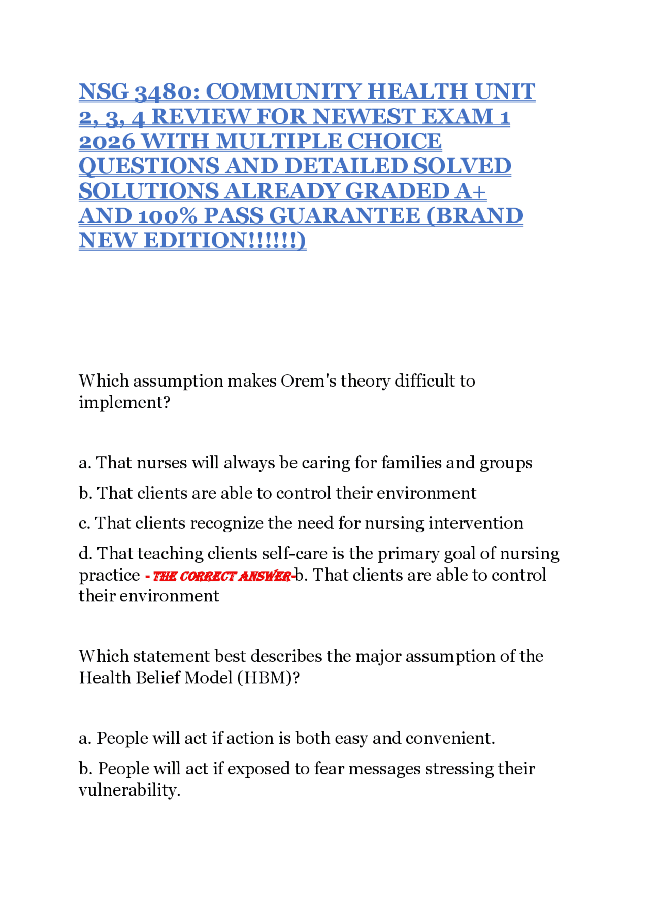 NSG 3480: COMMUNITY HEALTH UNIT 2, 3, 4 REVIEW FOR NEWEST EXAM 1 2026 ...