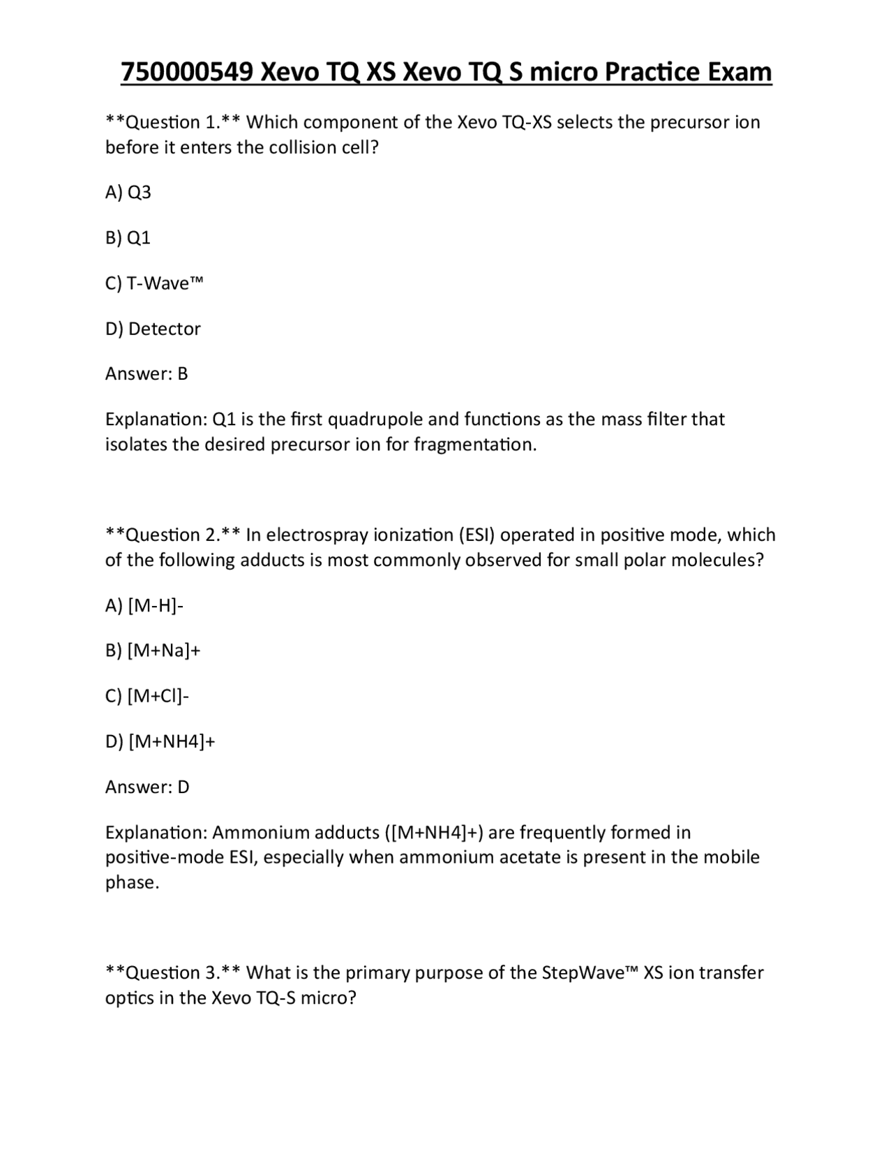 Xevo TQ-XS and TQ-S Micro Mass Spectrometer Practice Exam | Exams ...