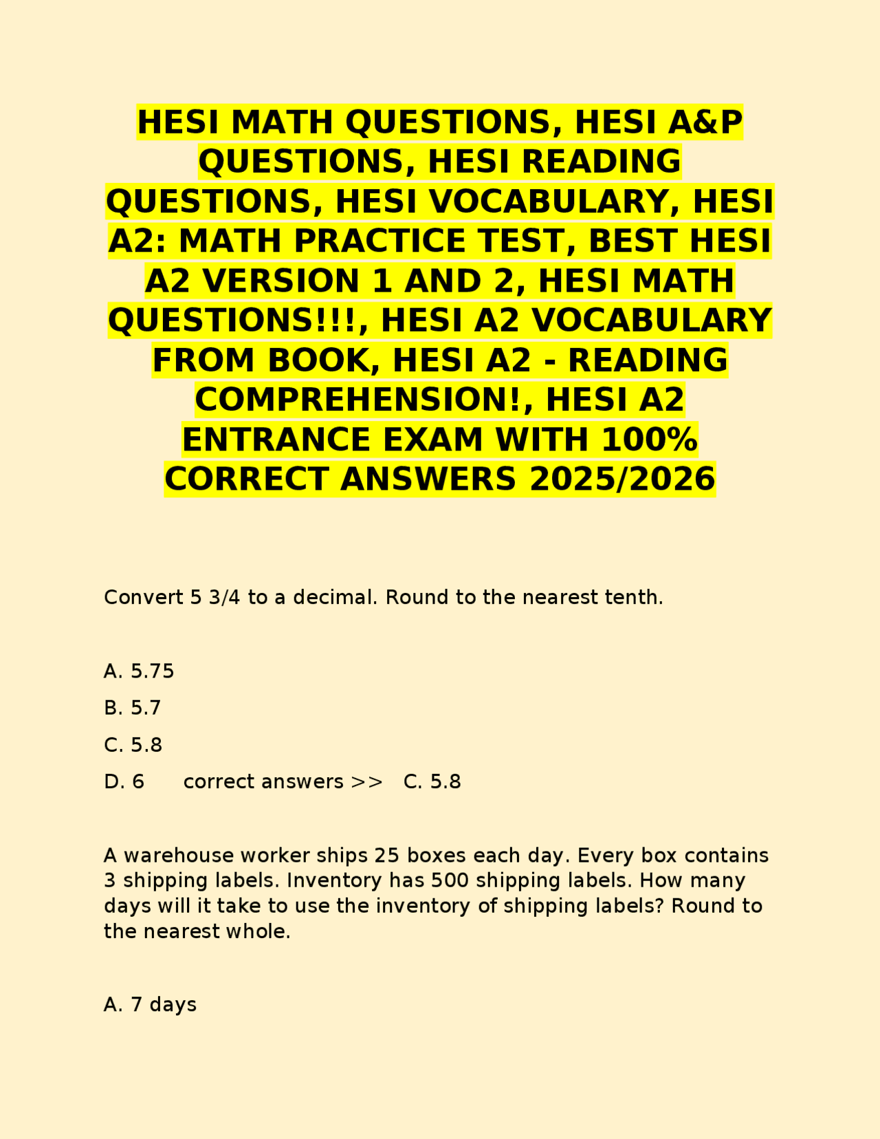 HESI MATH QUESTIONS, HESI A&P QUESTIONS, HESI READING QUESTIONS, HESI ...