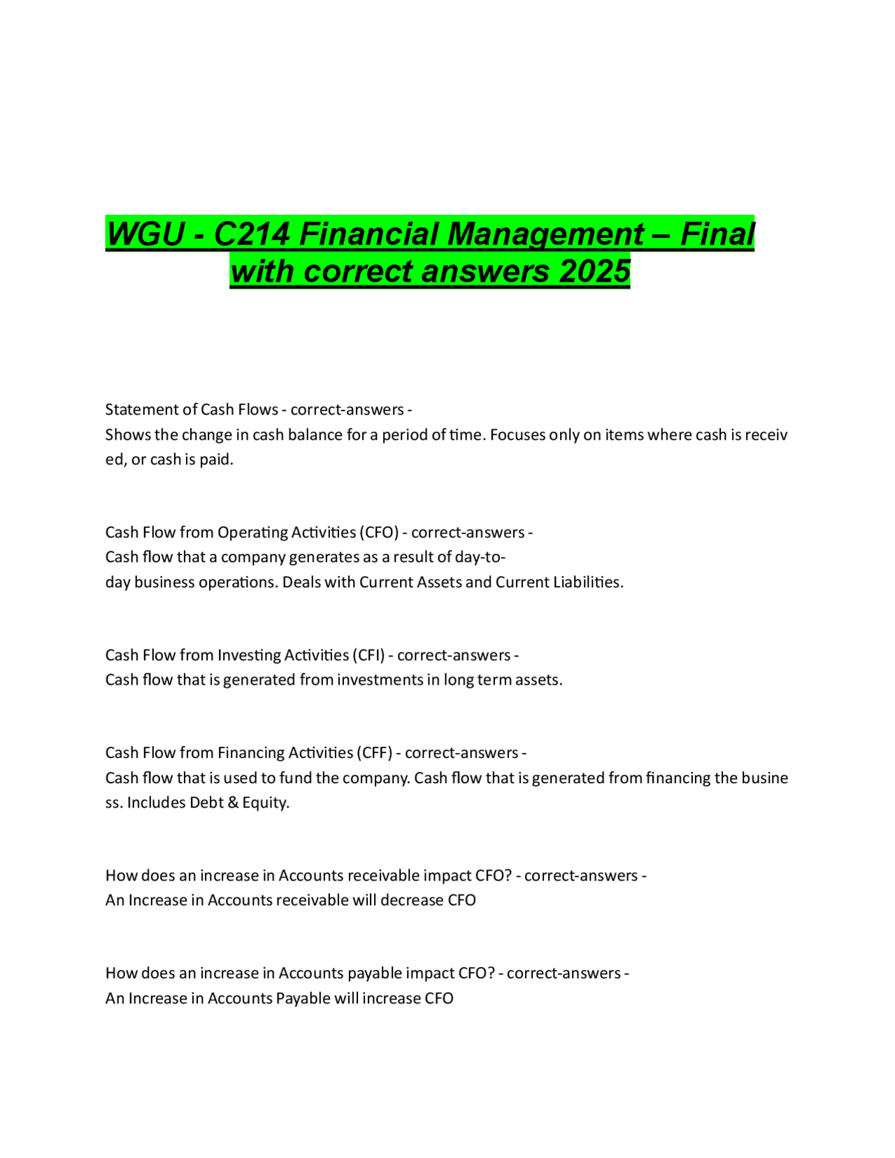 WGU C214 Financial Management Final Exam Study Guide 2025: Questions ...
