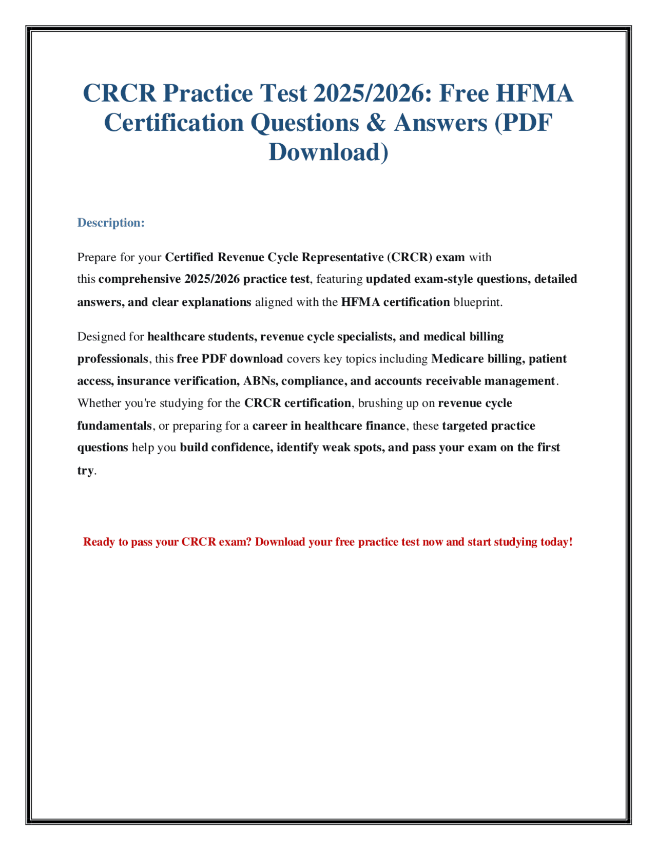 CRCR Exam Prep 2025/2026: Practice Questions & Answers for HFMA ...