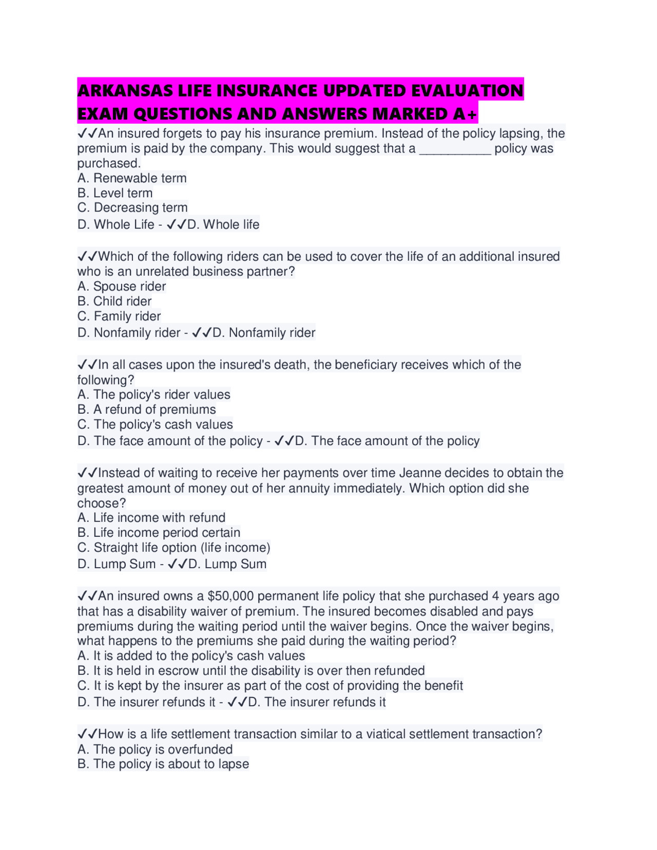 ARKANSAS LIFE INSURANCE UPDATED EVALUATION EXAM QUESTIONS AND ANSWERS ...
