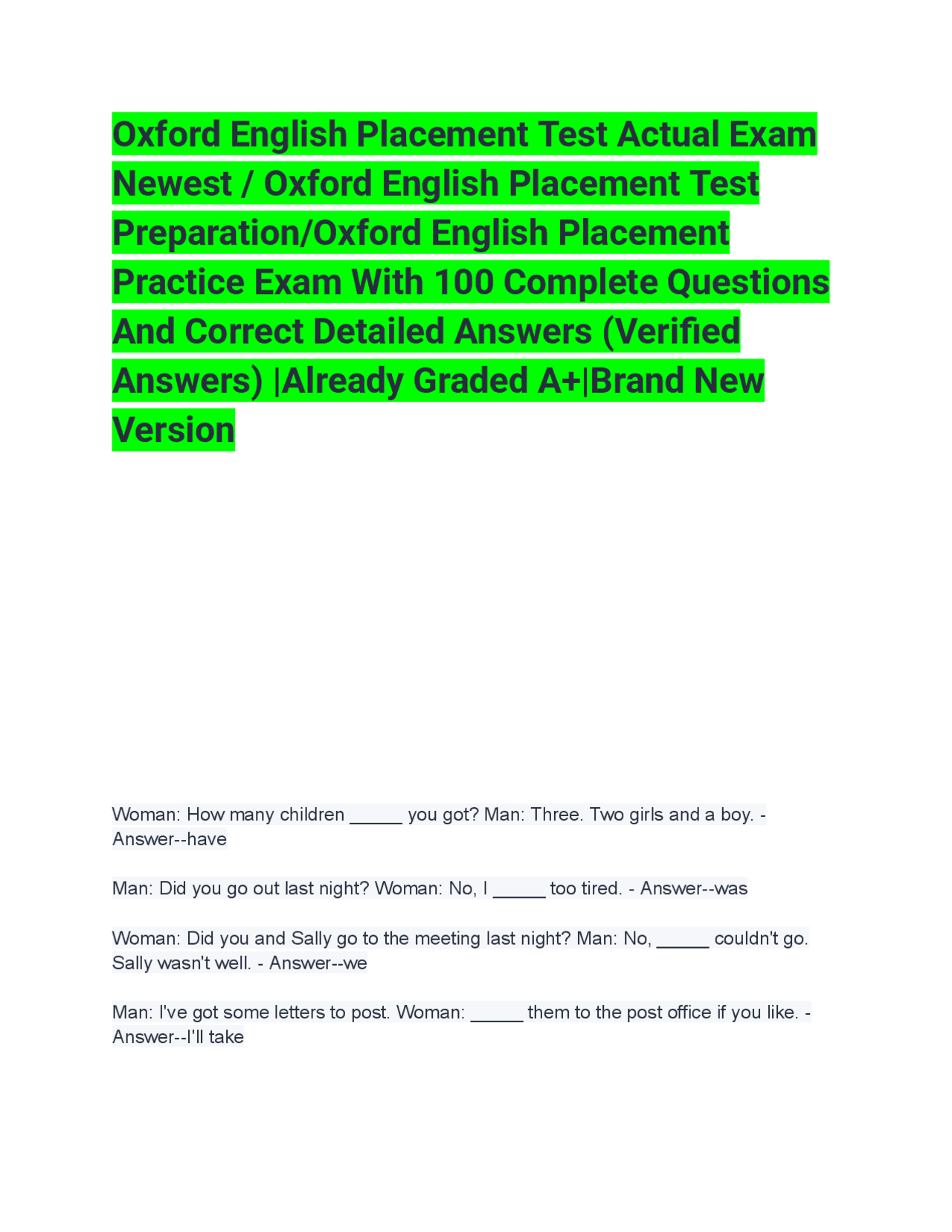 Oxford English Placement Test Actual Exam Newest / Oxford English ...