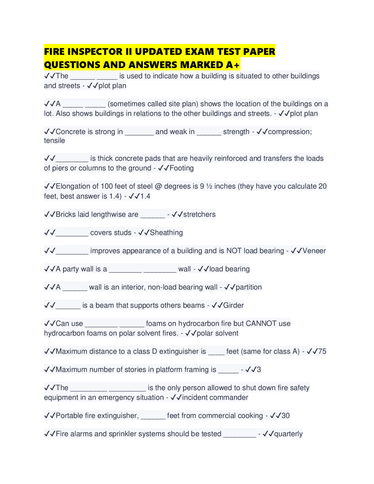 FIRE INSPECTOR II UPDATED EXAM TEST PAPER QUESTIONS AND ANSWERS MARKED ...