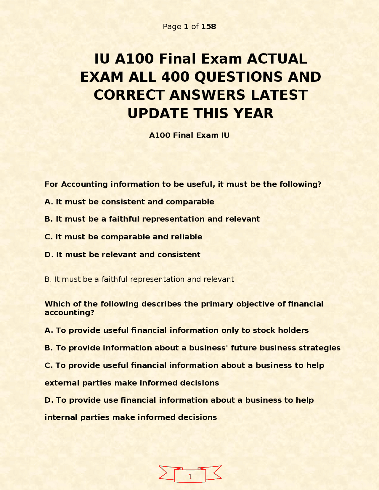 IU A100 Final Exam ACTUAL EXAM ALL 400 QUESTIONS AND CORRECT ANSWERS ...