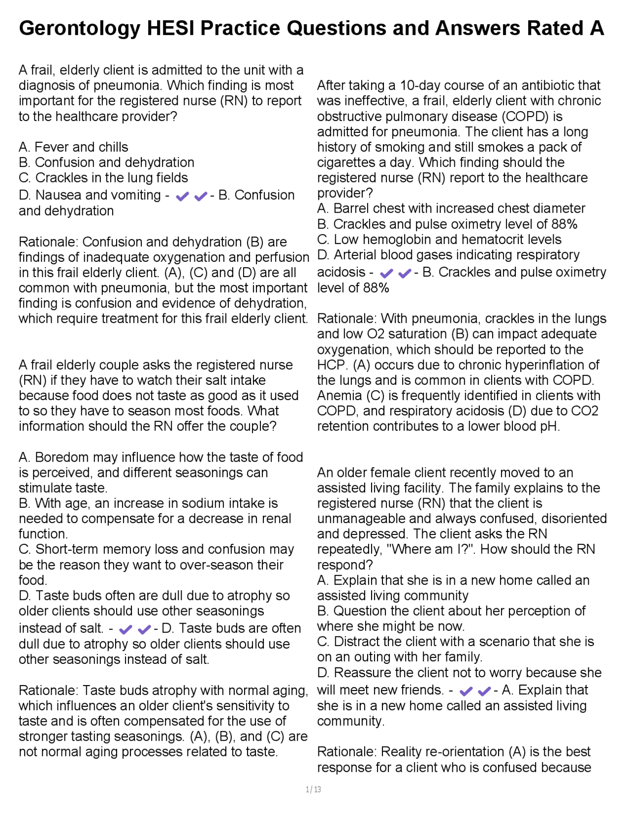 Gerontology HESI Practice Questions and Answers Rated A | Exams Nursing ...