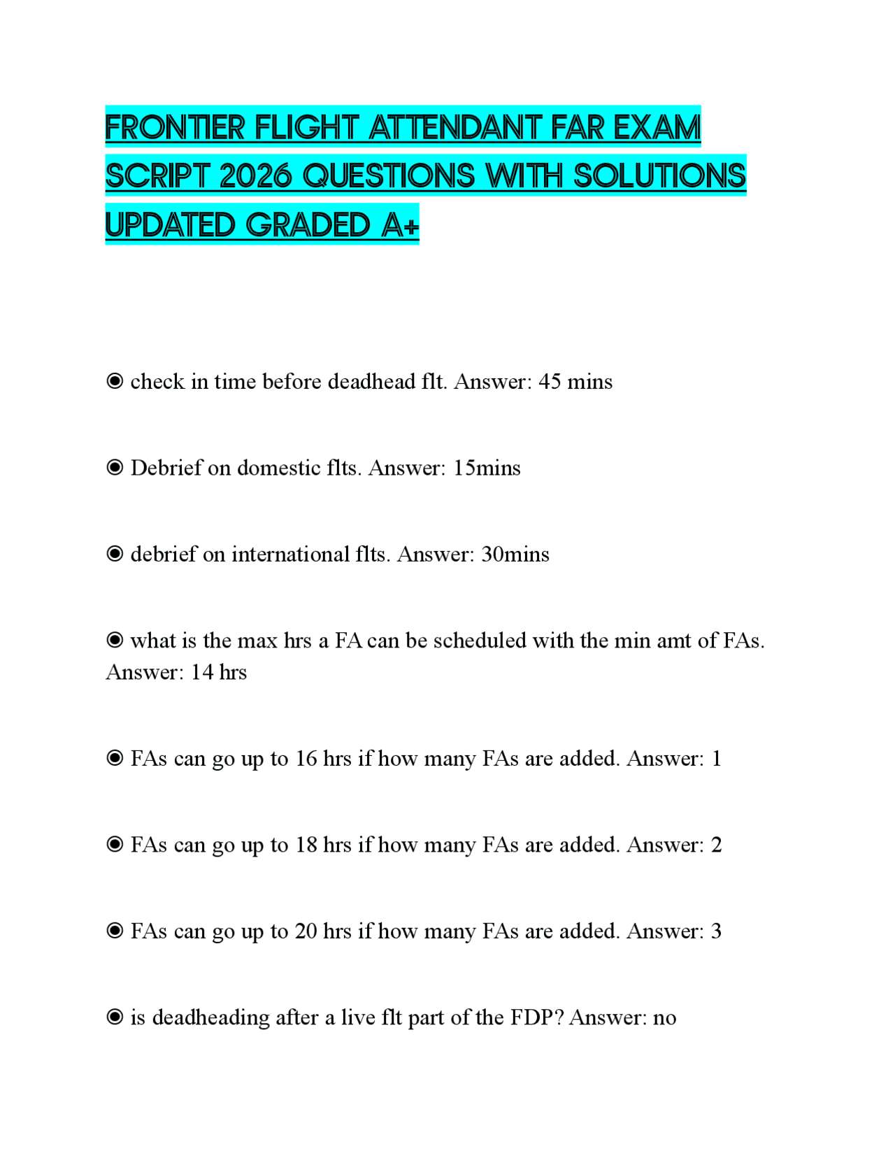 FRONTIER FLIGHT ATTENDANT FAR EXAM SCRIPT 2026 QUESTIONS WITH SOLUTIONS ...