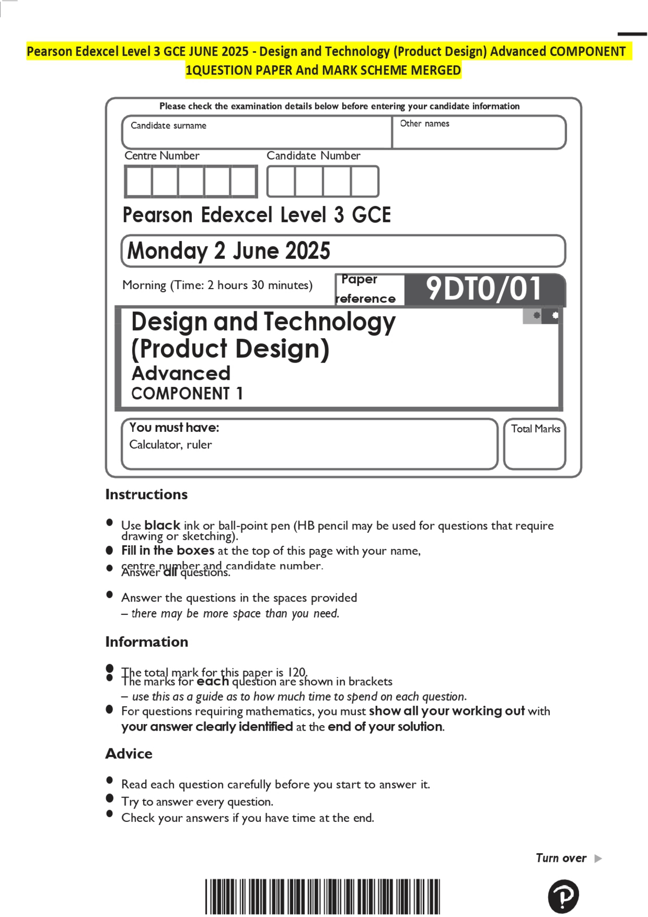 Pearson Edexcel Level 3 GCE JUNE 2025 - Design and Technology (Product ...