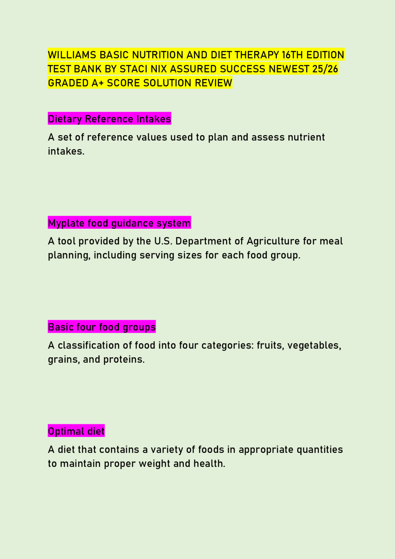 WILLIAMS BASIC NUTRITION AND DIET THERAPY 16TH EDITION TEST BANK BY ...