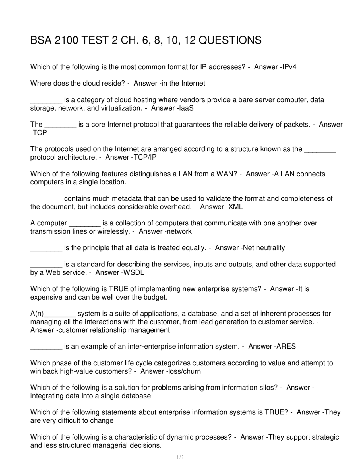BSA 2100 Test 2: Business and Technology Questions and Answers | Exams ...