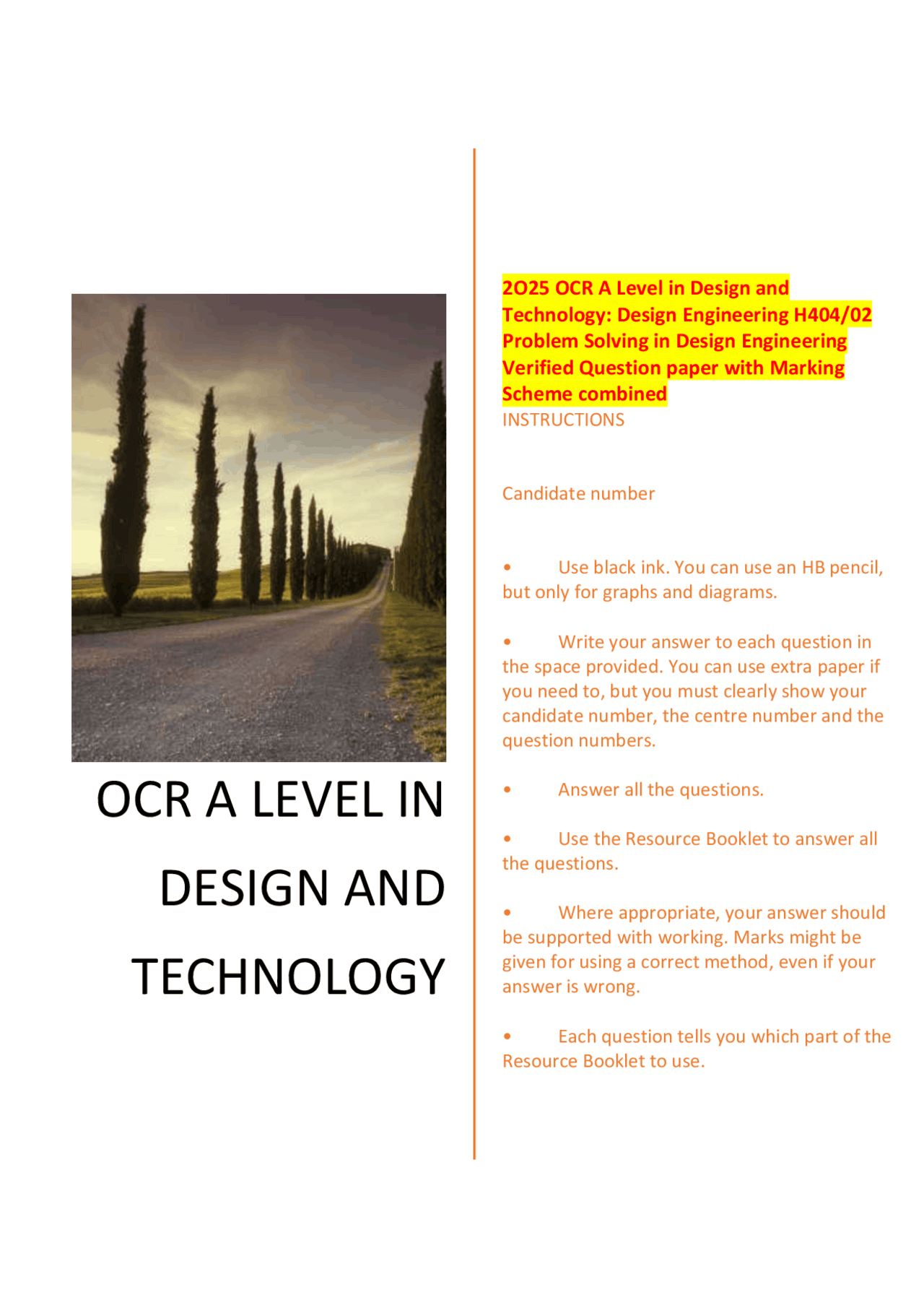 2O25 OCR A Level in Design and Technology: Design Engineering H404/02 ...