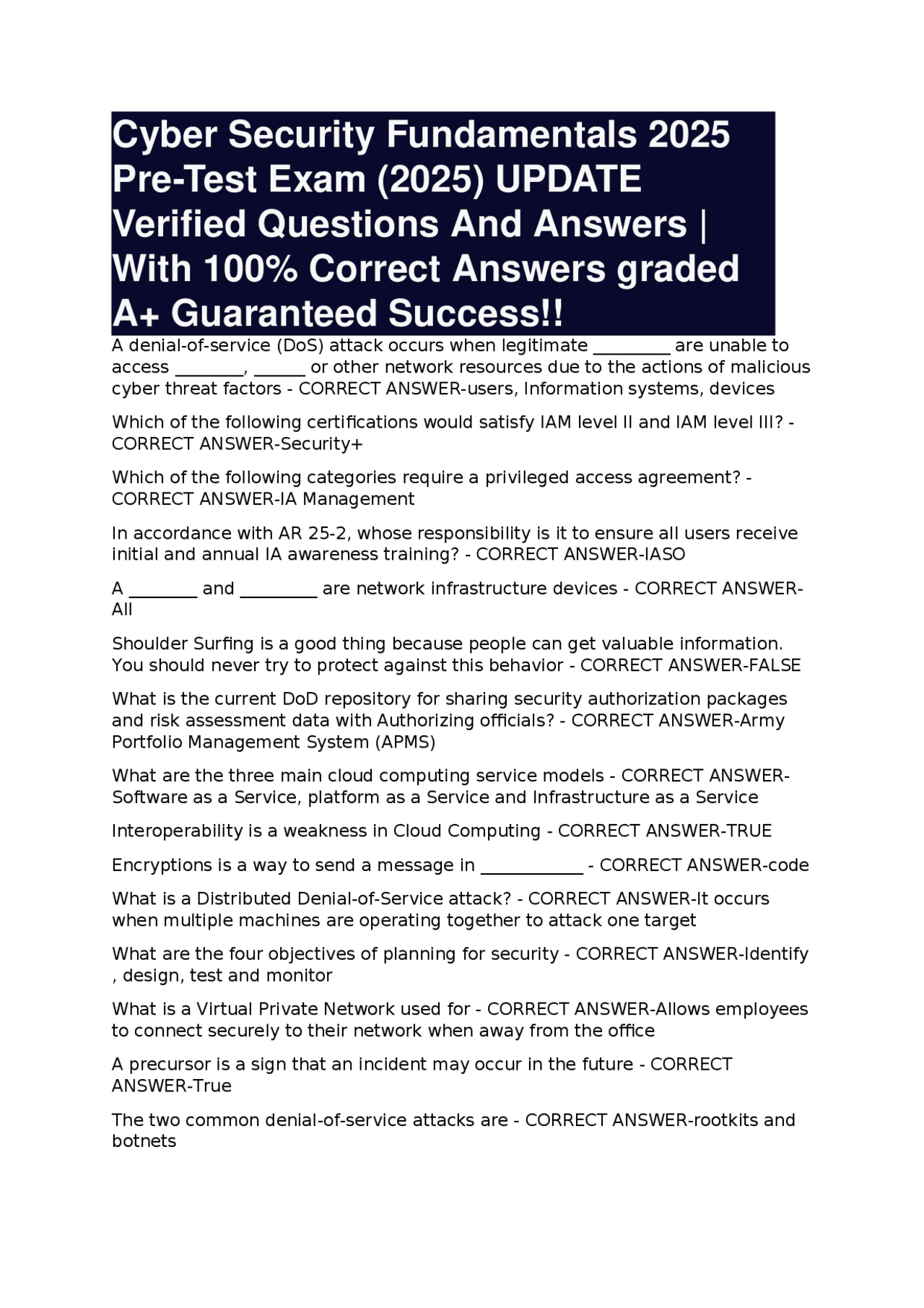 Cyber Security Fundamentals 2025: Pre-Test Exam with Verified Answers ...