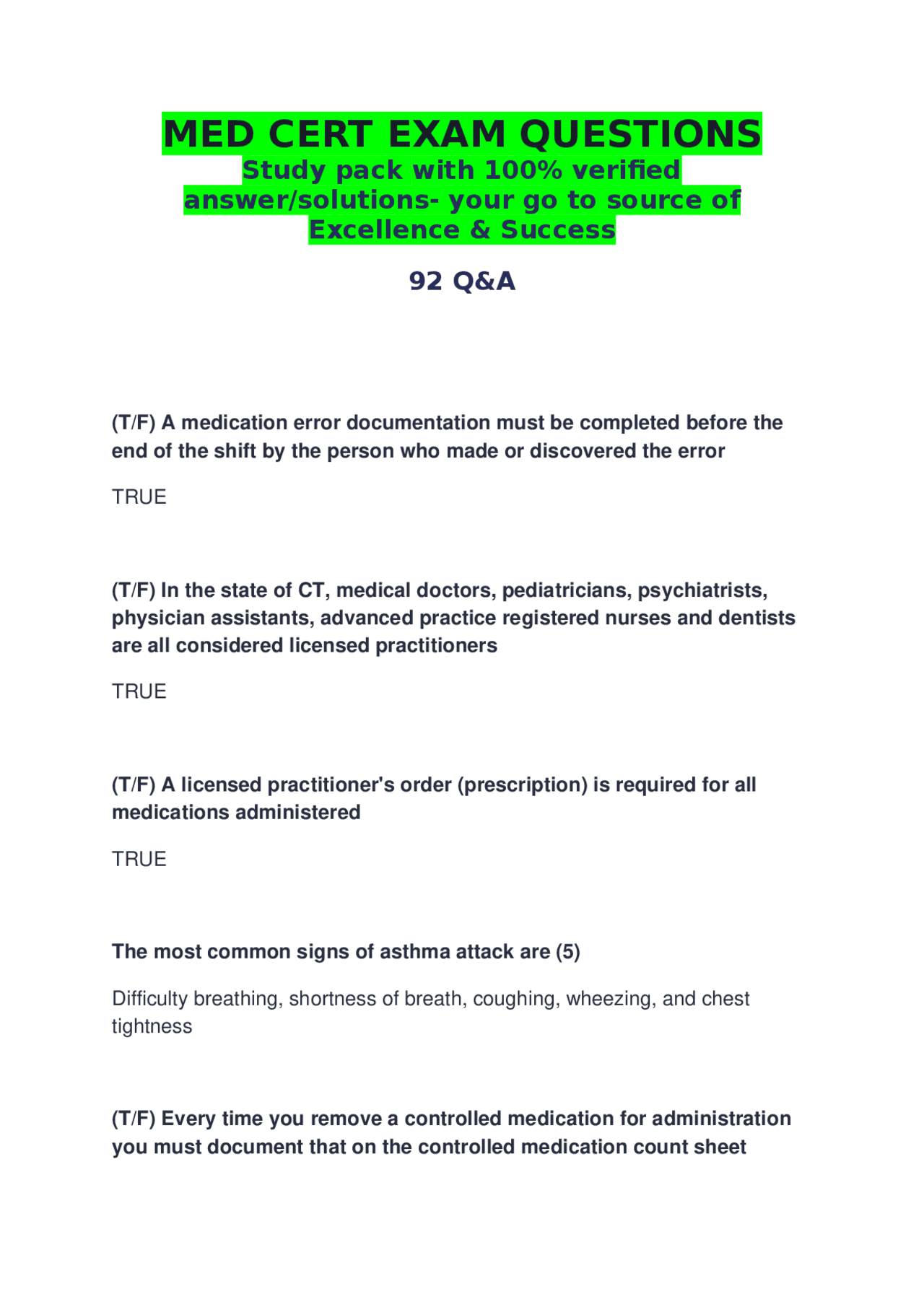 MED CERT EXAM QUESTIONS Study pack with 100% verified answer/solutions ...