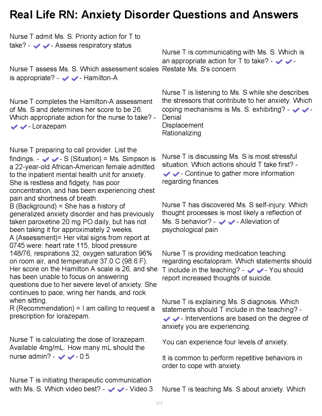 Real Life RN: Anxiety Disorder Questions and Answers | Exams Nursing ...