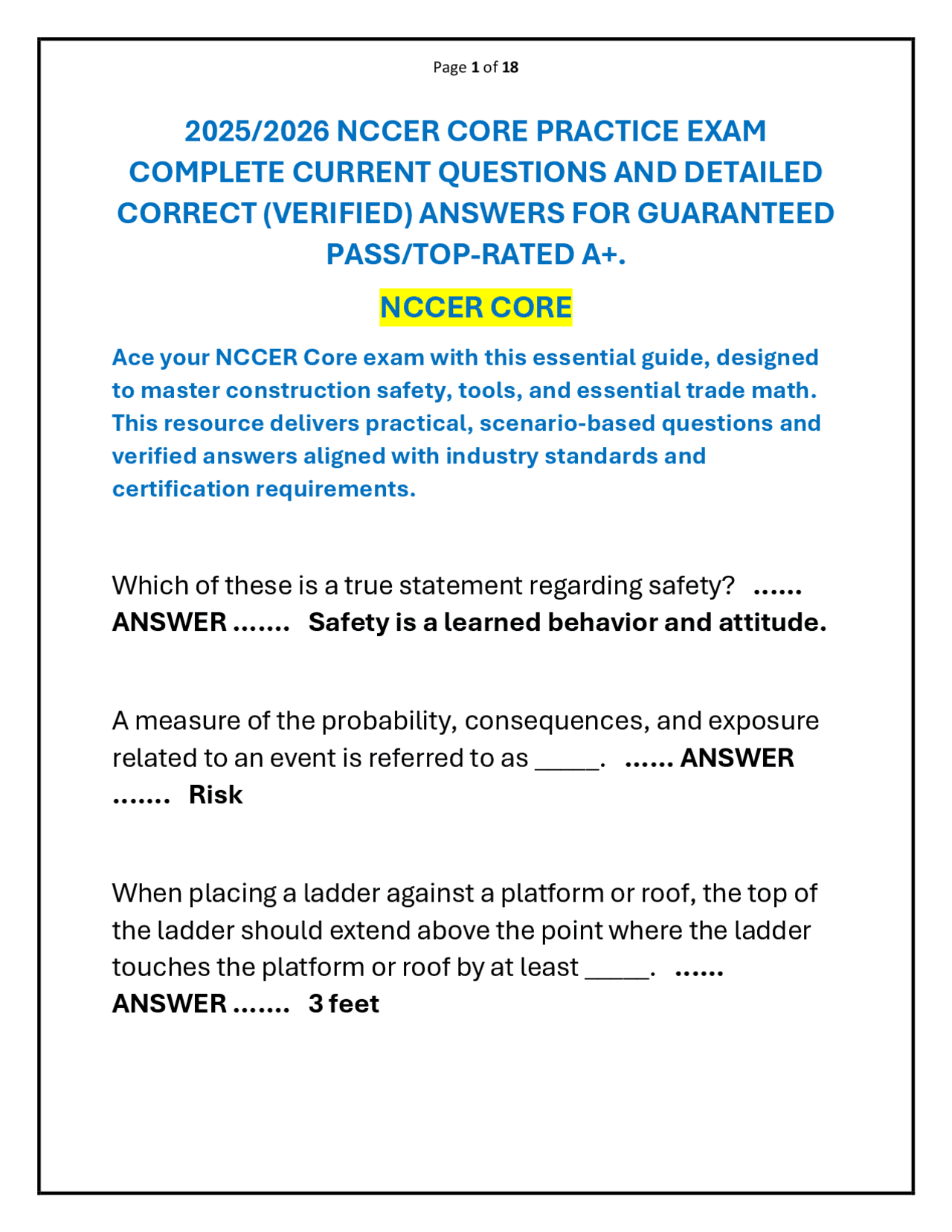 NCCER Core Practice Exam 2025/2026: Questions and Verified Answers ...