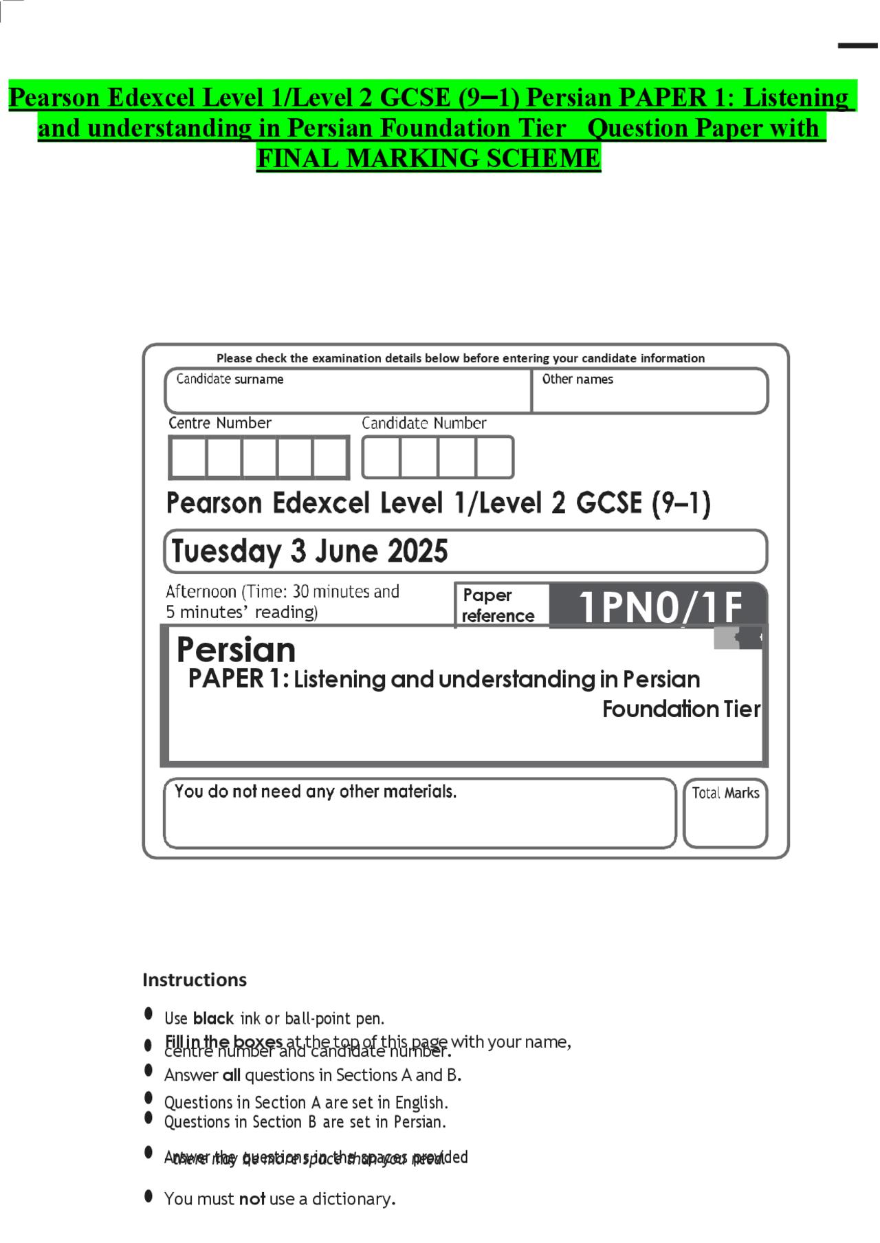 Pearson Edexcel Level 1/Level 2 GCSE (9–1) Persian PAPER 1: Listening ...