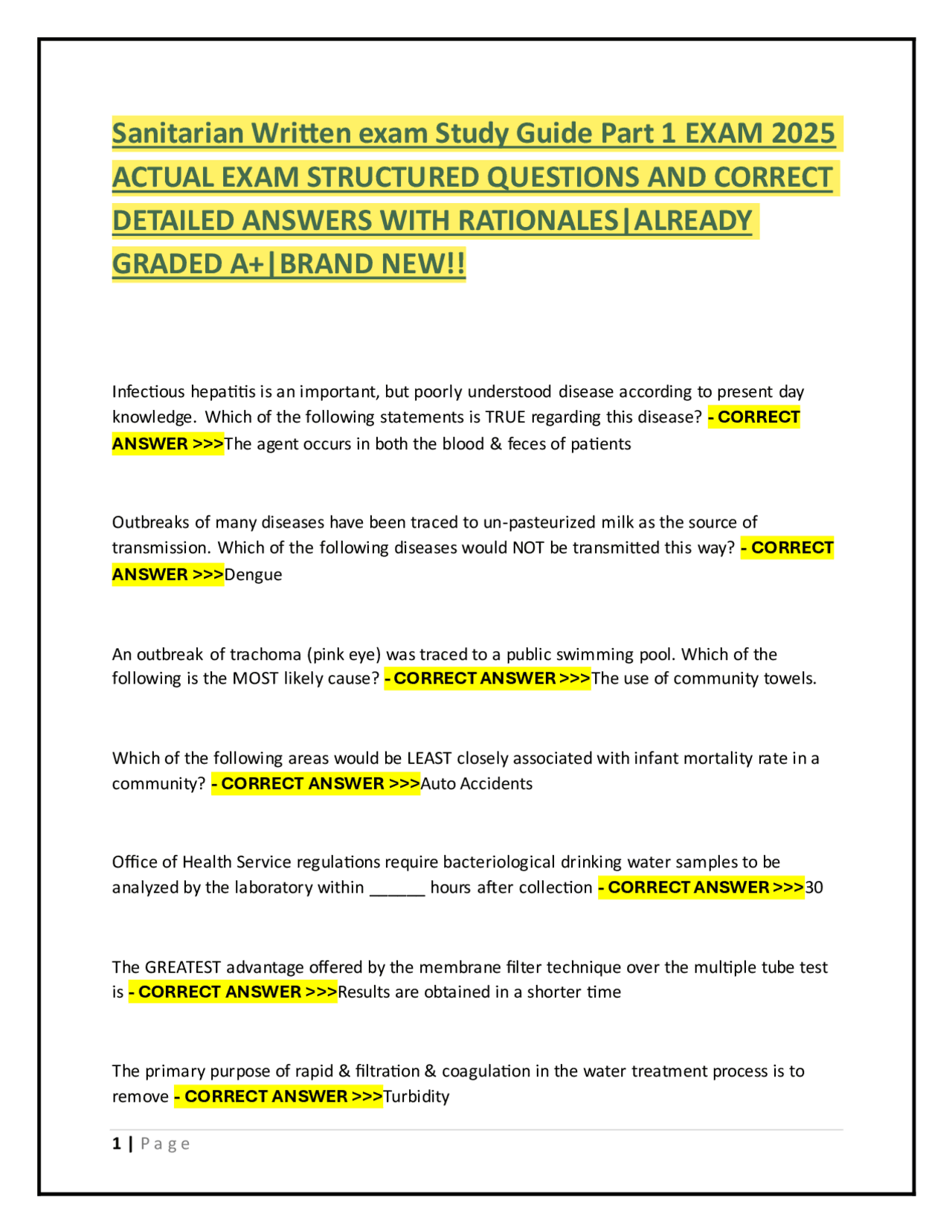 Sanitarian Written exam Study Guide Part 1 EXAM 2025 ACTUAL EXAM ...
