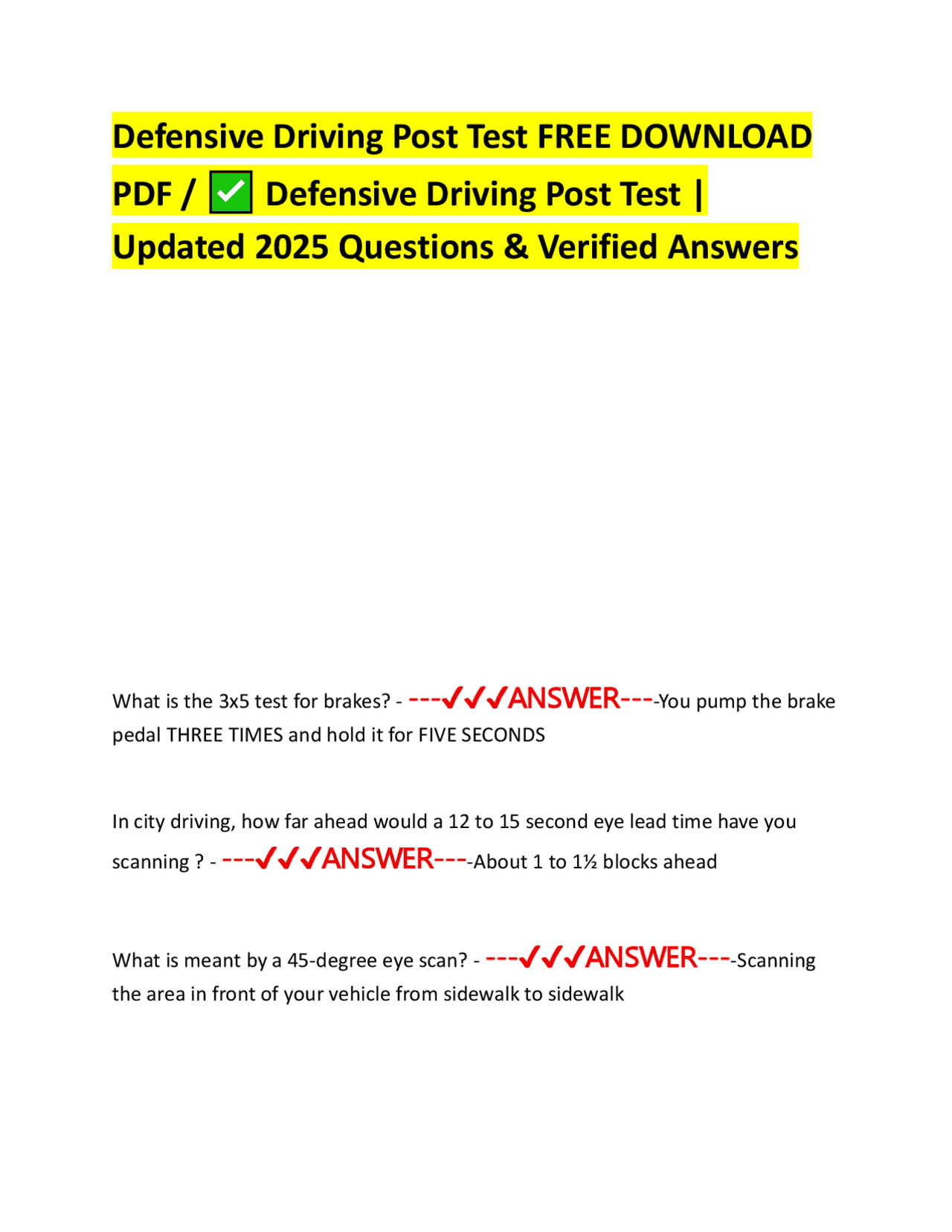 Defensive Driving Post Test FREE DOWNLOAD PDF / Defensive Driving Post ...
