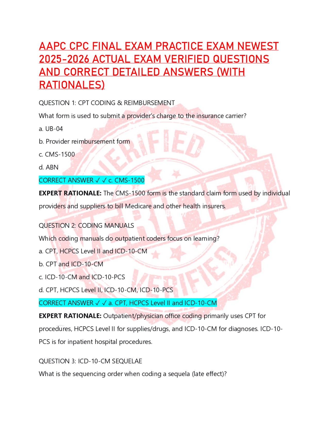 AAPC CPC Final Exam Newest 2025–2026 | Updated Verified Questions with ...