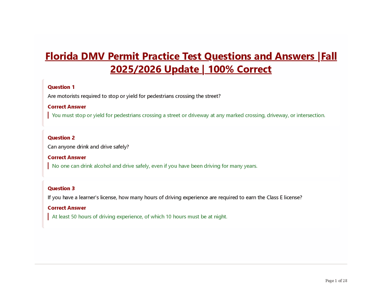 Florida DMV Permit Practice Test Questions and Answers Fall 2025-2026 ...