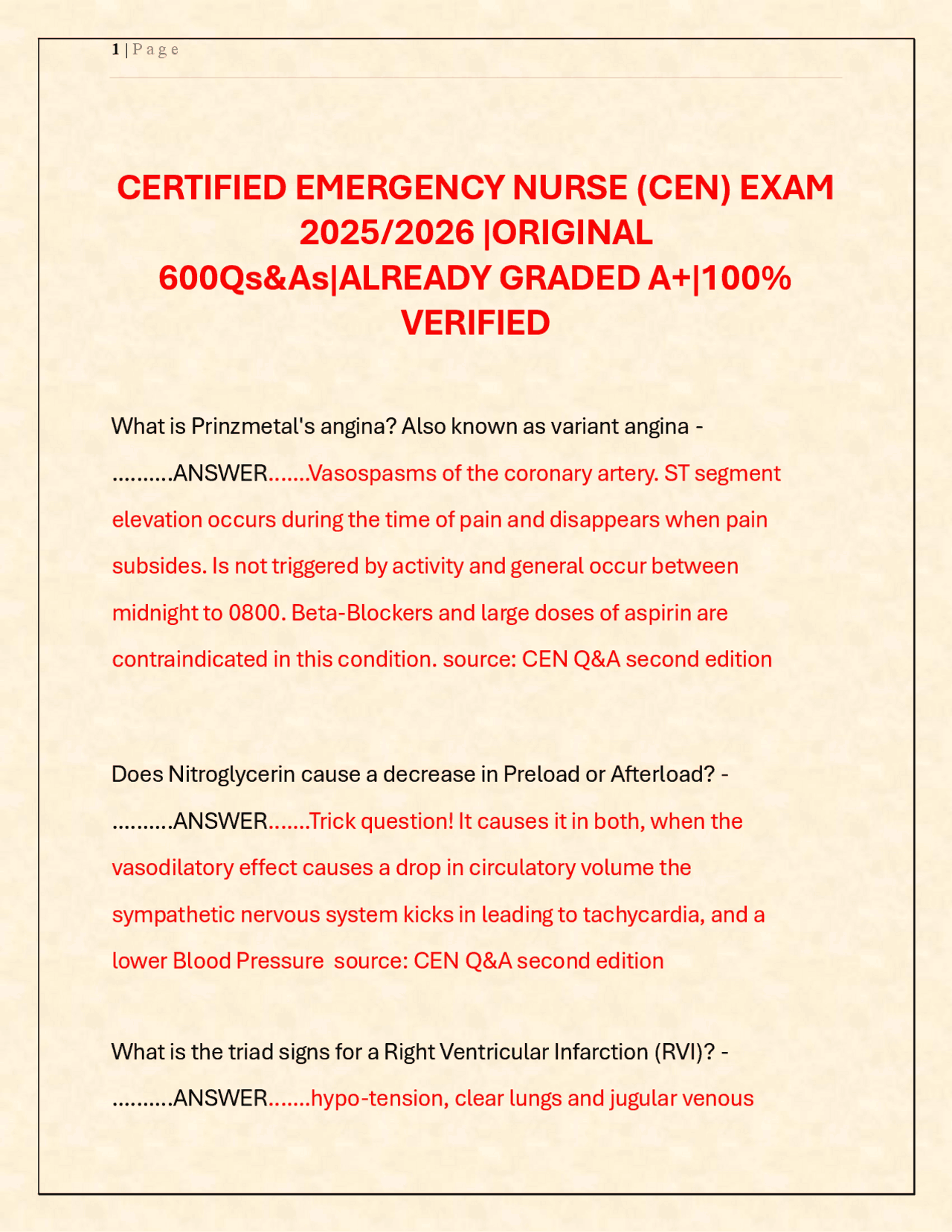 CERTIFIED EMERGENCY NURSE (CEN) EXAM 2025/2026 |ORIGINAL 600Qs&As ...