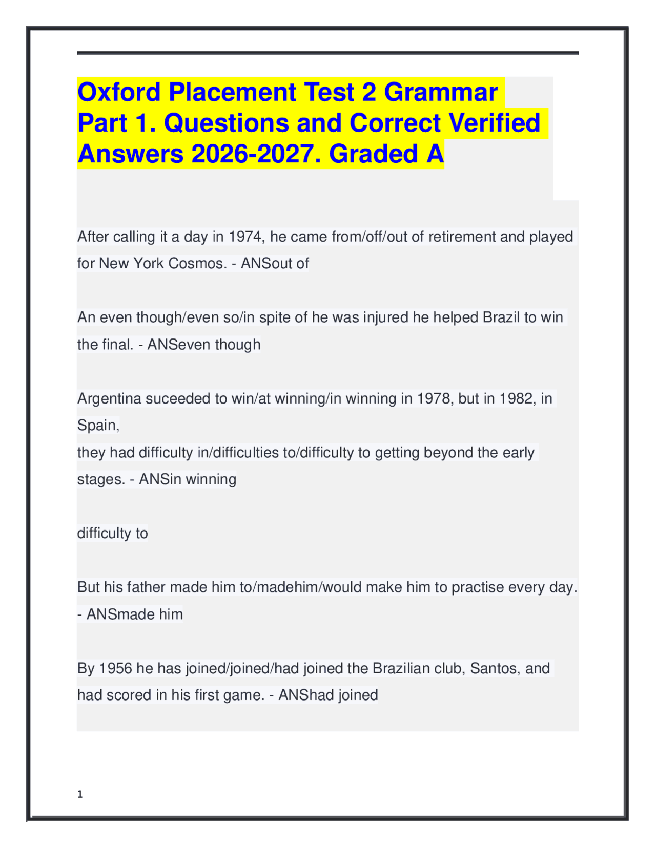 Oxford Placement Test 2 Grammar Part 1. Questions and Correct Answers ...