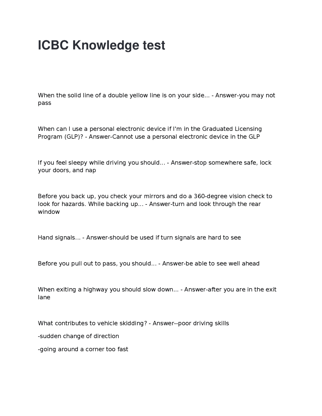 ICBC Knowledge Test Questions and Answers | Exams Nursing | Docsity