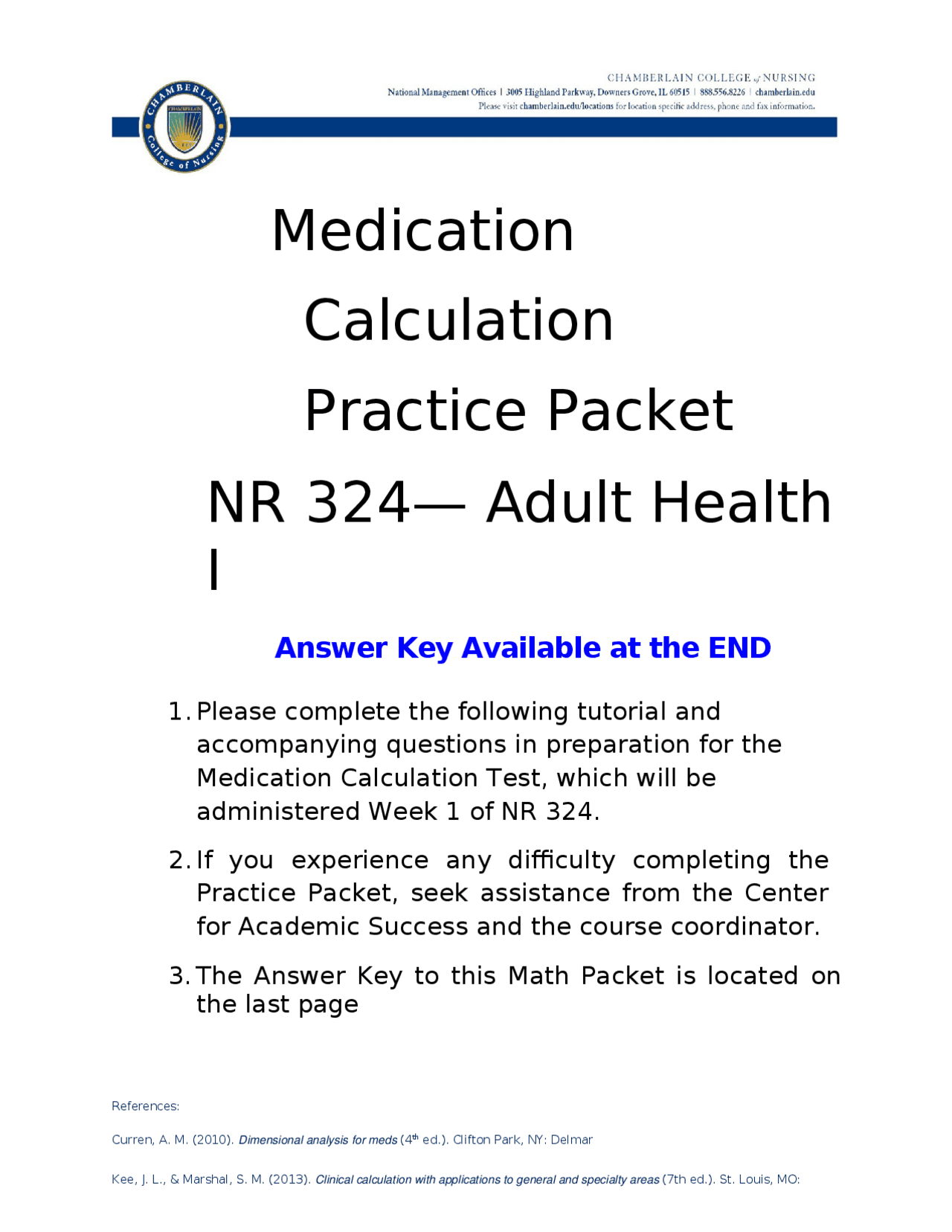 NR 324 Adult Health I Med Surg Math Practice Packet & Answer Key ...