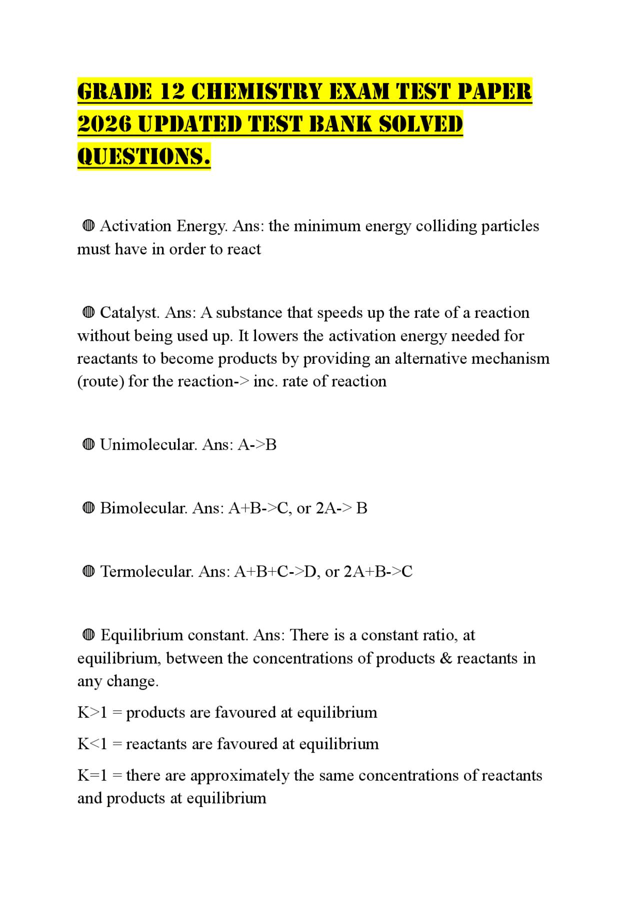 GRADE 12 CHEMISTRY EXAM TEST PAPER 2026 UPDATED TEST BANK SOLVED ...