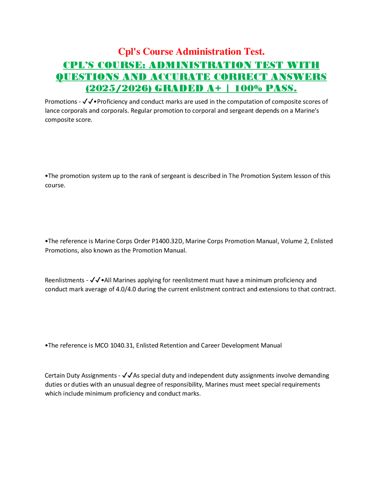 CPL’S COURSE: ADMINISTRATION TEST WITH QUESTIONS AND ACCURATE CORRECT ...