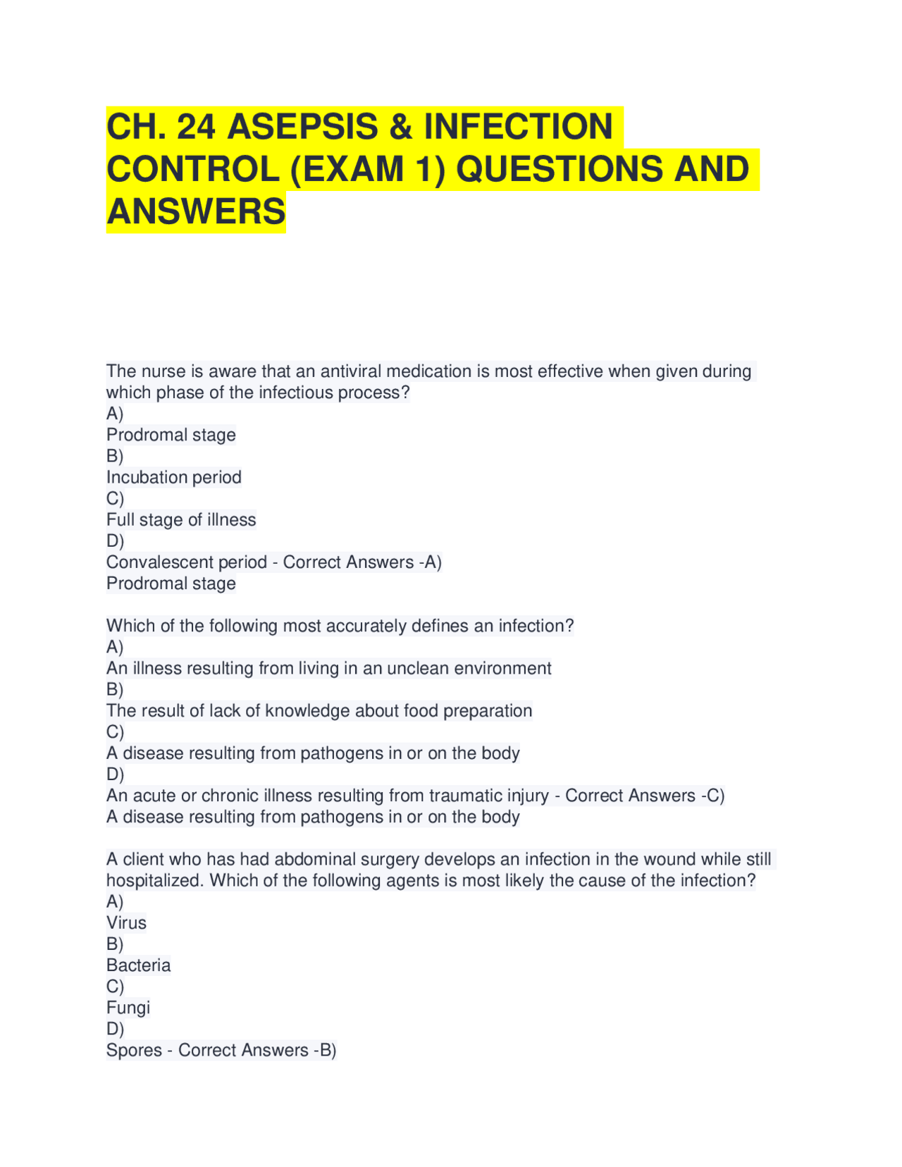 Asepsis and Infection Control: Exam Questions and Answers | Exams ...
