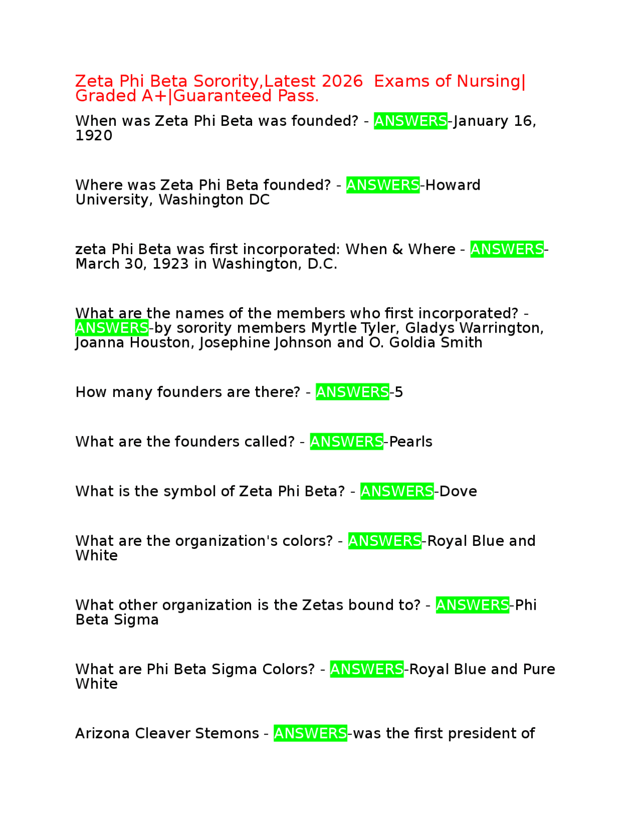 Zeta Phi Beta Sorority,Latest 2026 Exams of Nursing|Graded A+ ...