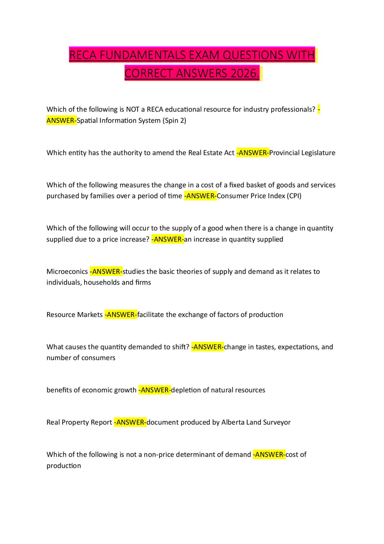 RECA FUNDAMENTALS EXAM QUESTIONS WITH CORRECT ANSWERS 2026 | Exams ...