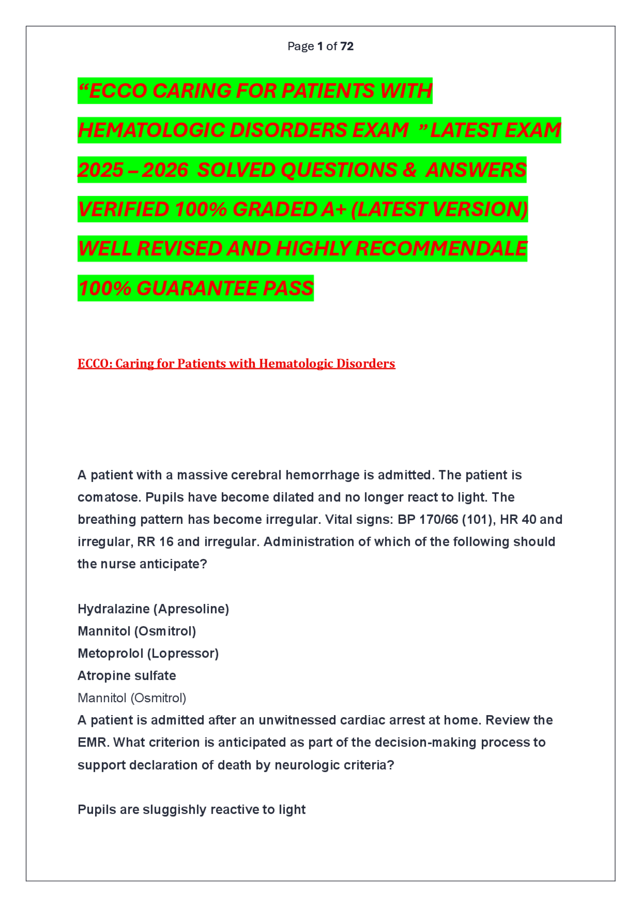 “ECCO CARING FOR PATIENTS WITH HEMATOLOGIC DISORDERS EXAM ” LATEST EXAM ...