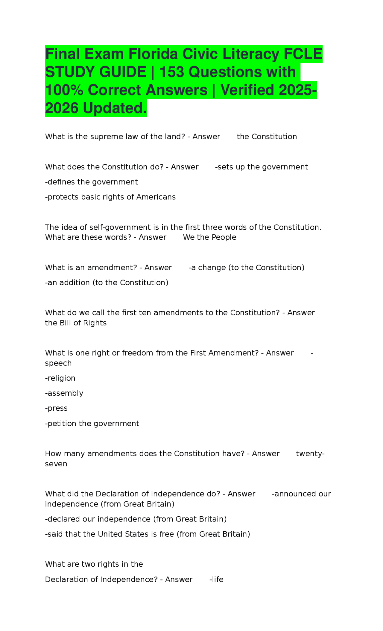 Florida Civic Literacy Exam Study Guide: 153 Questions and Answers ...