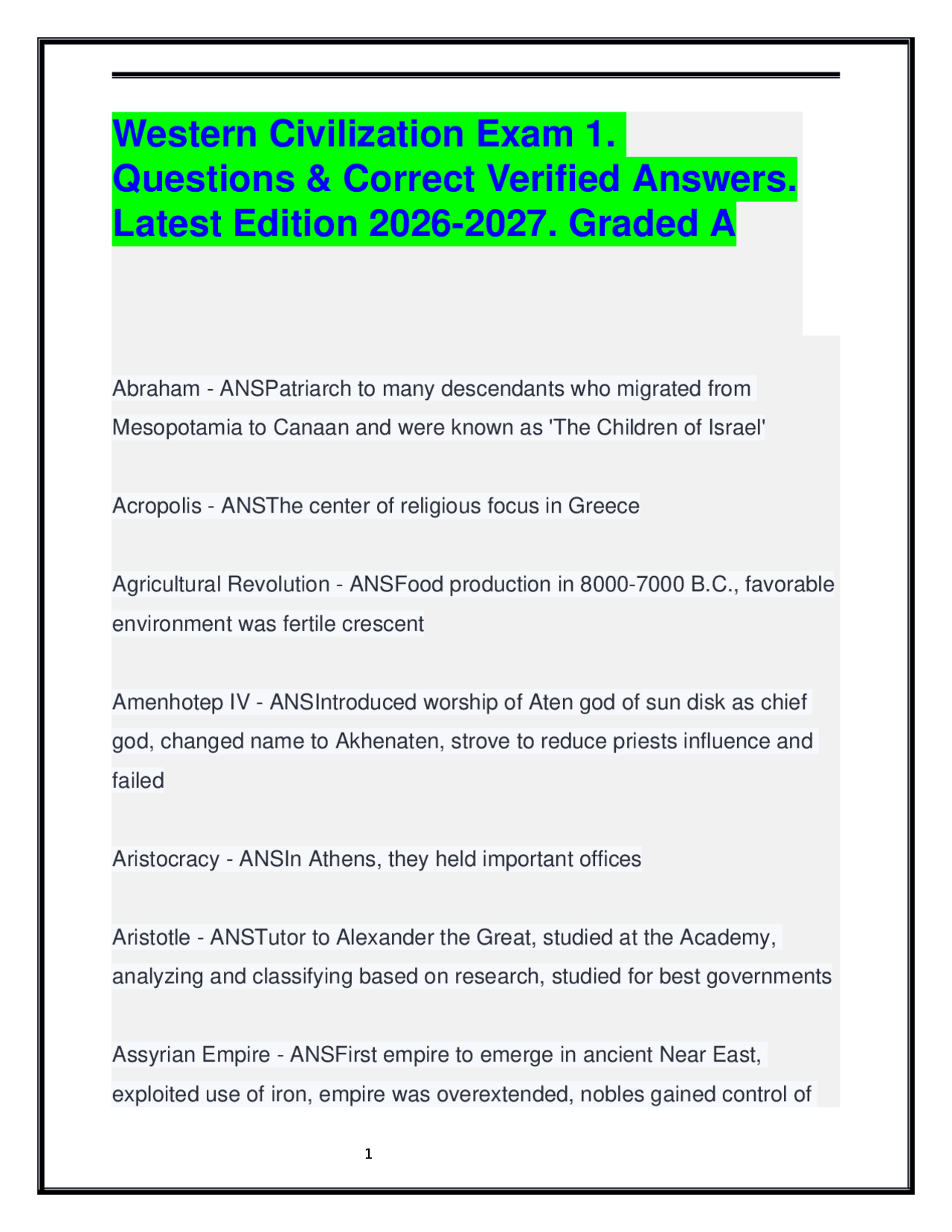 Western Civilization Exam 1: Questions and Verified Answers (2026-2027 ...
