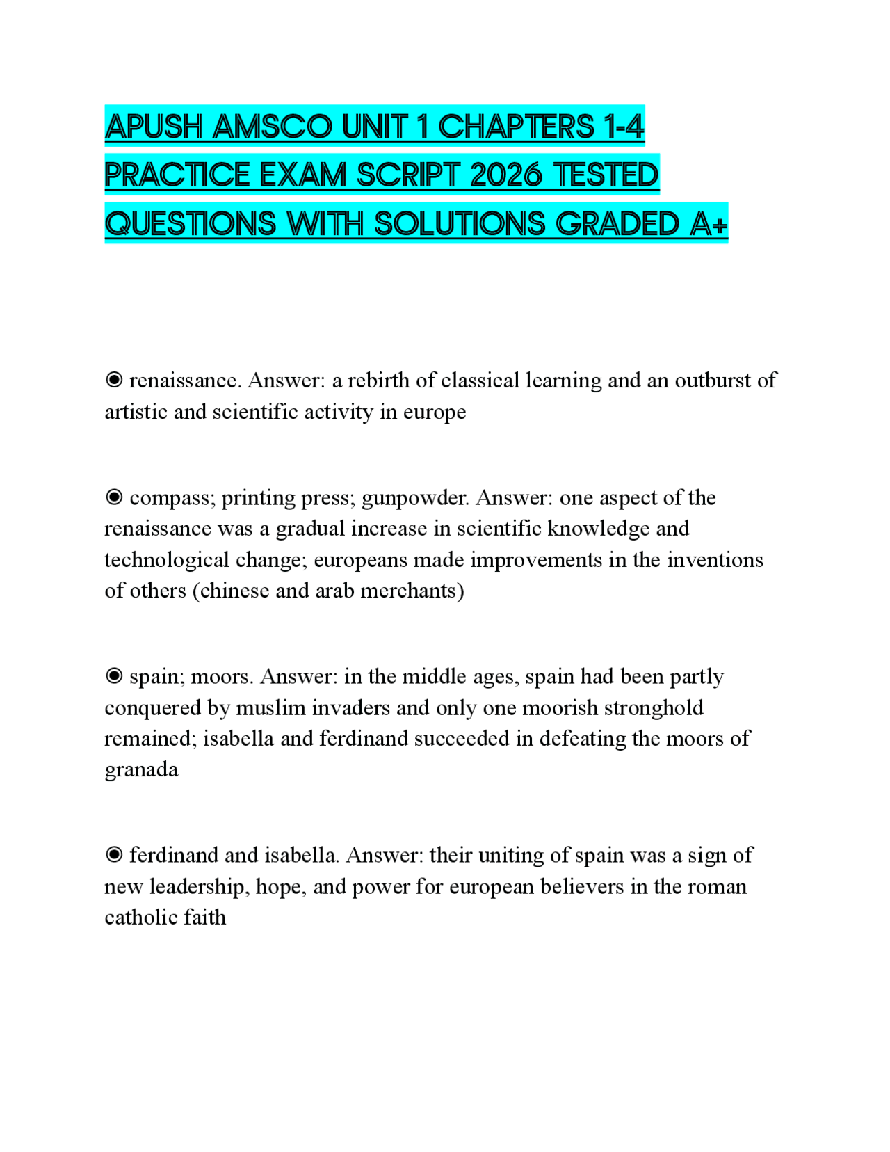 APUSH AMSCO UNIT 1 CHAPTERS 1-4 PRACTICE EXAM SCRIPT 2026 TESTED ...