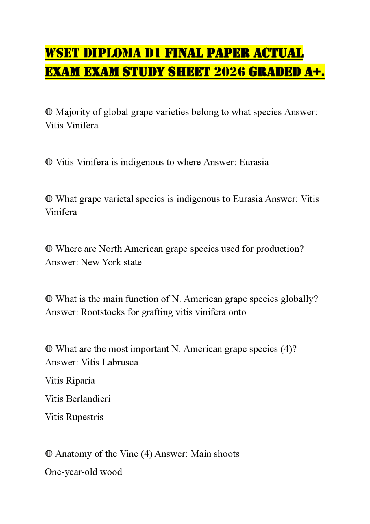 WSET DIPLOMA D1 FINAL PAPER ACTUAL EXAM EXAM STUDY SHEET 2026 GRADED A+ ...