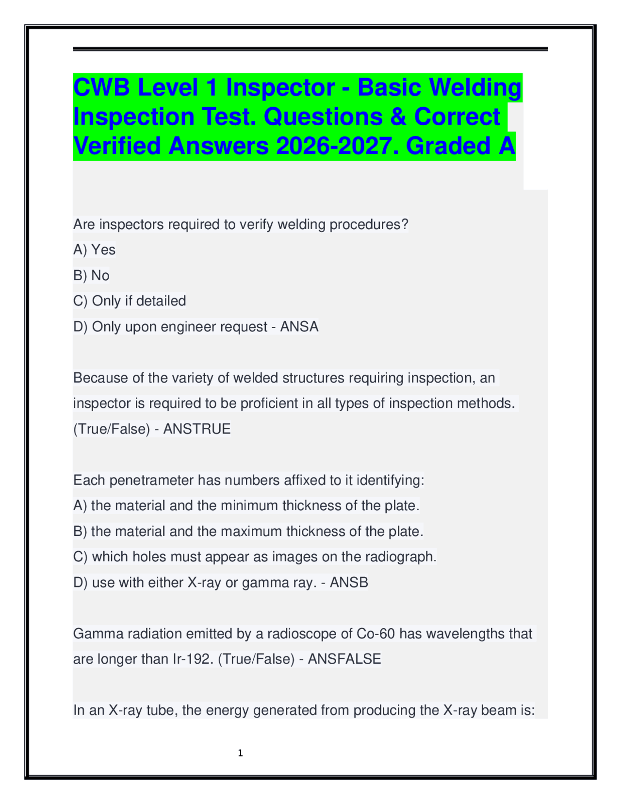 CWB Level 1 Inspector-Basic Welding Inspection Test. Questions ...