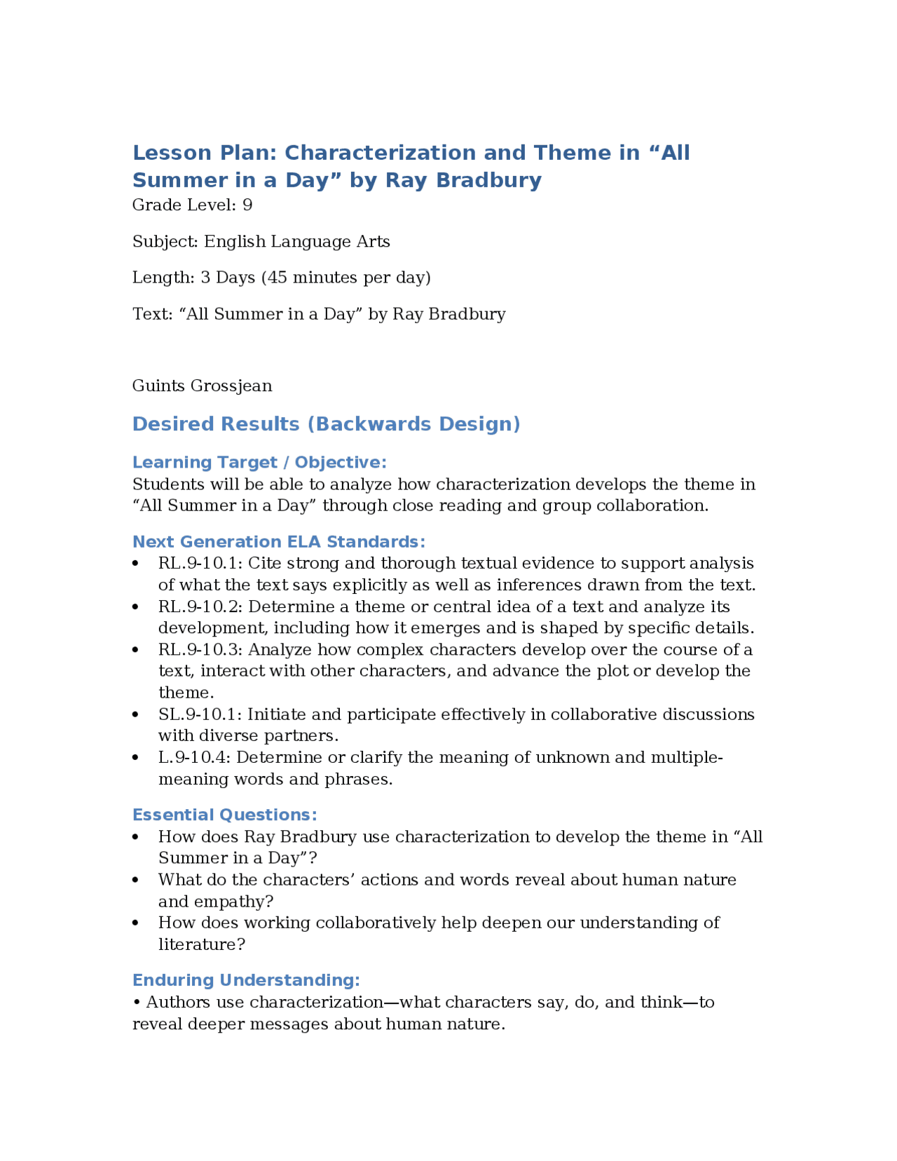 lesson plan on all summer in a day | Summaries English | Docsity