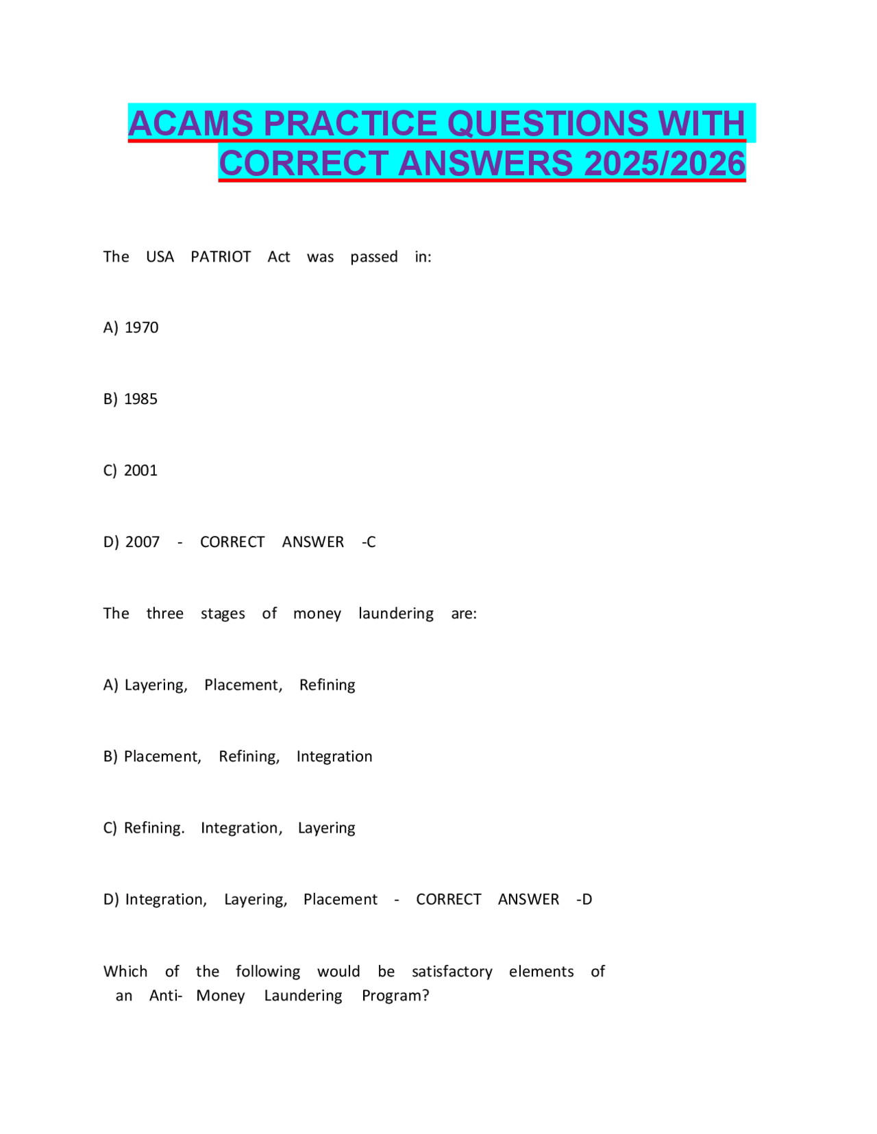 ACAMS PRACTICE QUESTIONS WITH CORRECT ANSWERS 2025-2026 | Exams ...