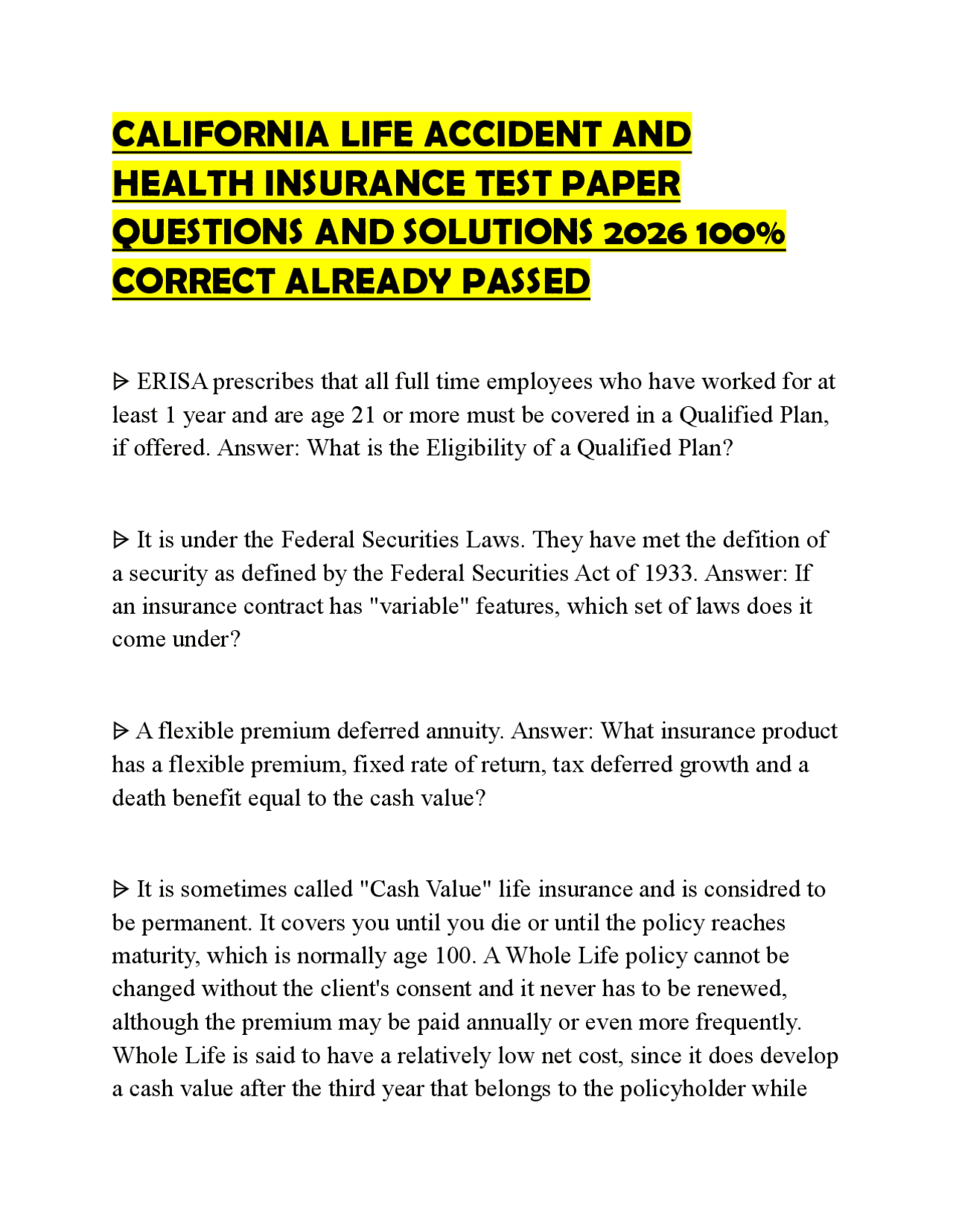 CALIFORNIA LIFE ACCIDENT AND HEALTH INSURANCE TEST PAPER QUESTIONS AND ...