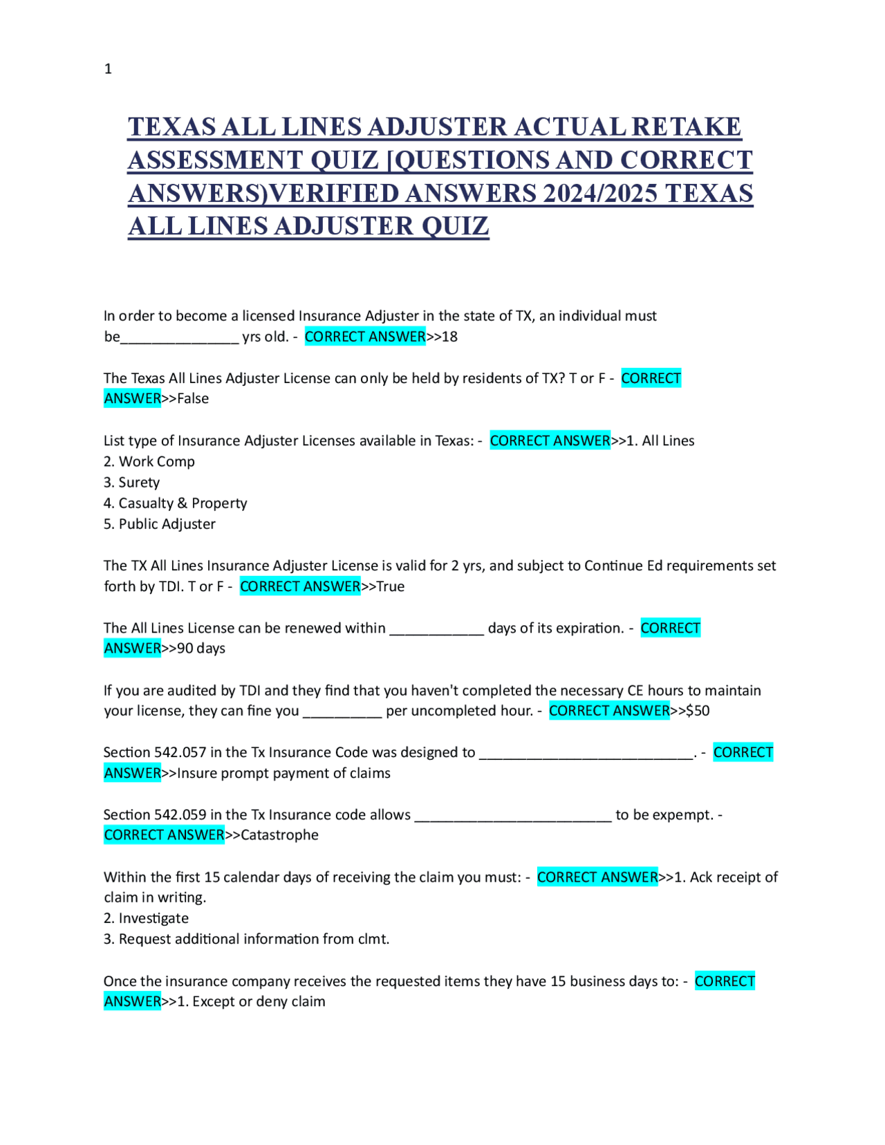 TEXAS ALL LINES ADJUSTER ACTUAL RETAKE ASSESSMENT QUIZ [QUESTIONS AND ...