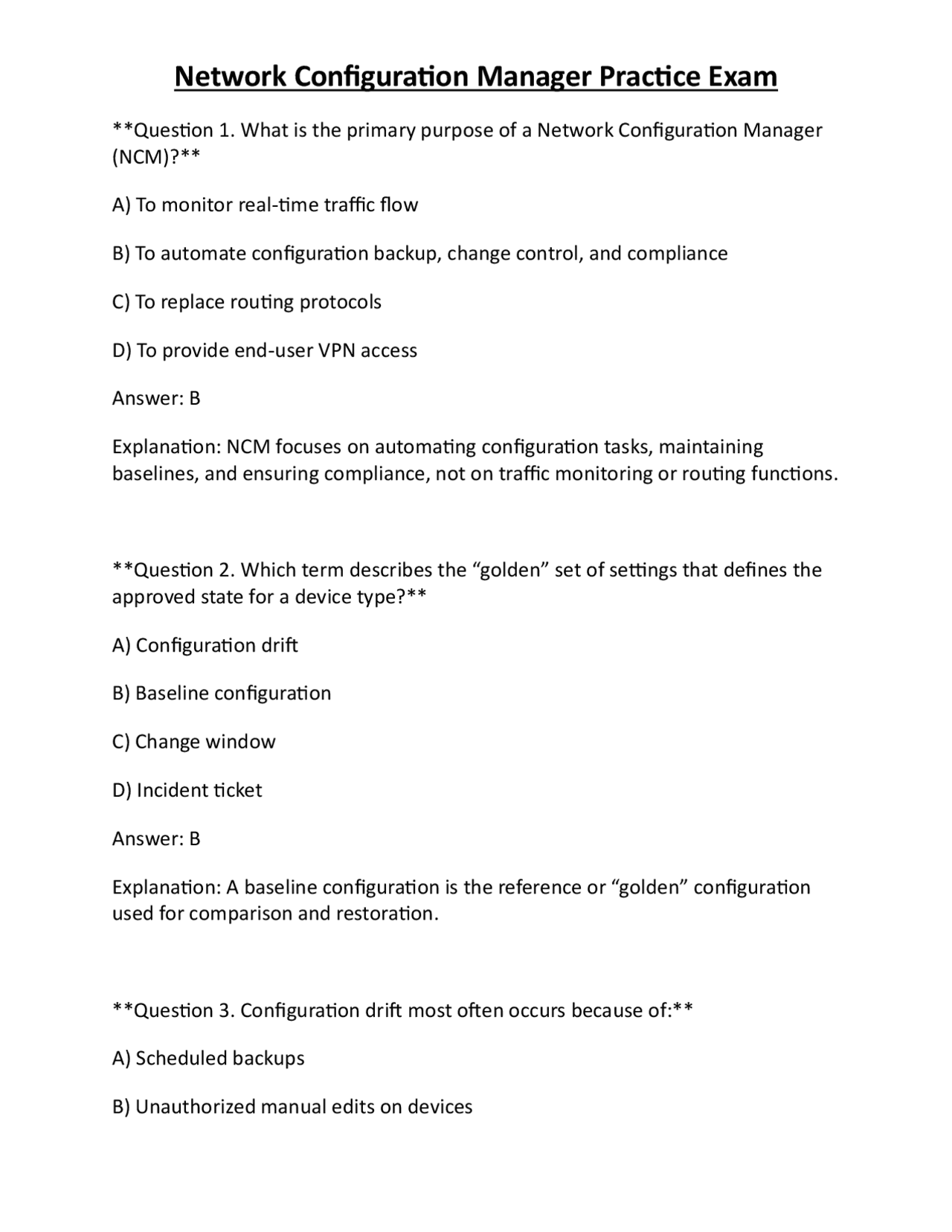 Network Configuration Manager Practice Exam | Exams Technology | Docsity